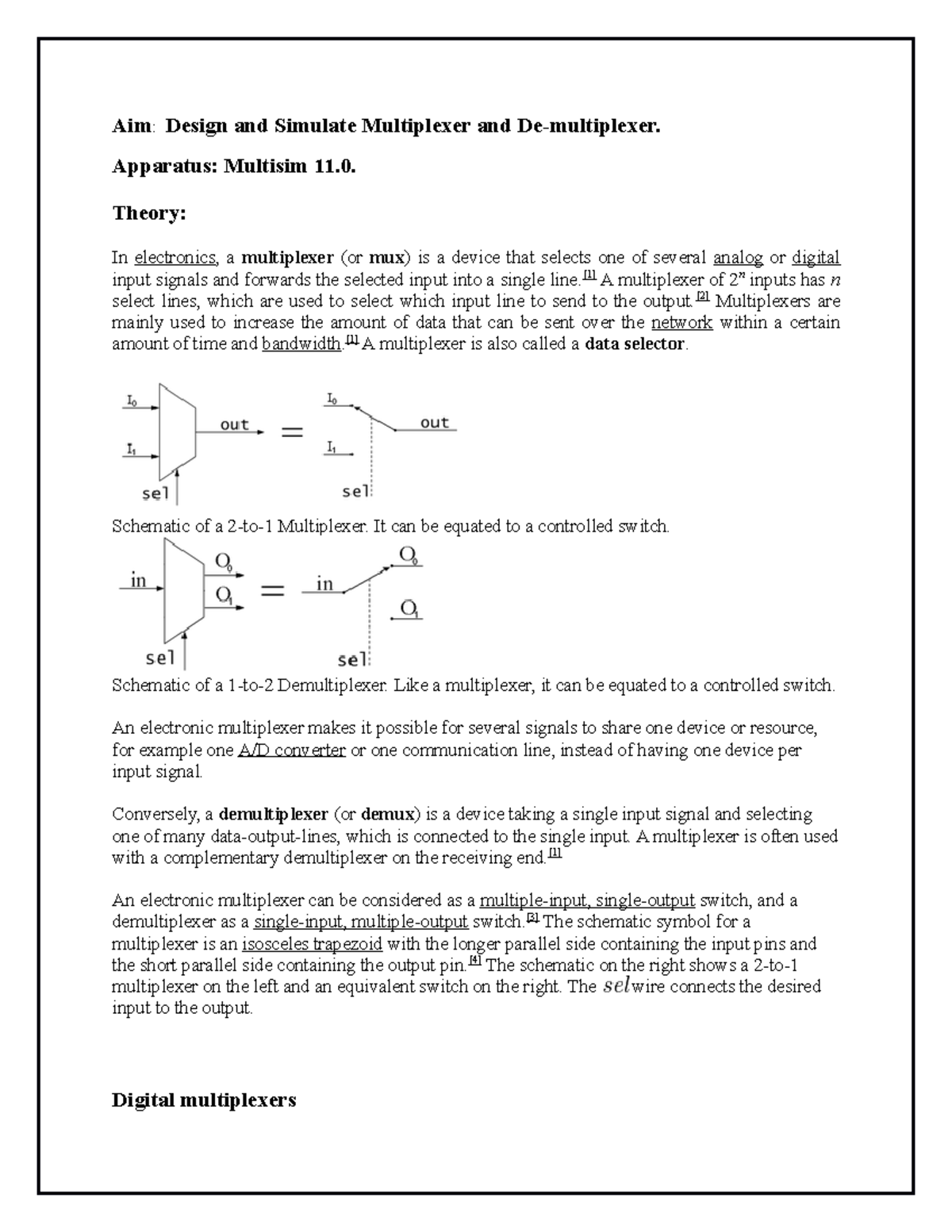 Experiment of Design and Simulate Multiplexer and Demultiplexer - Aim : Design and Simulate ...