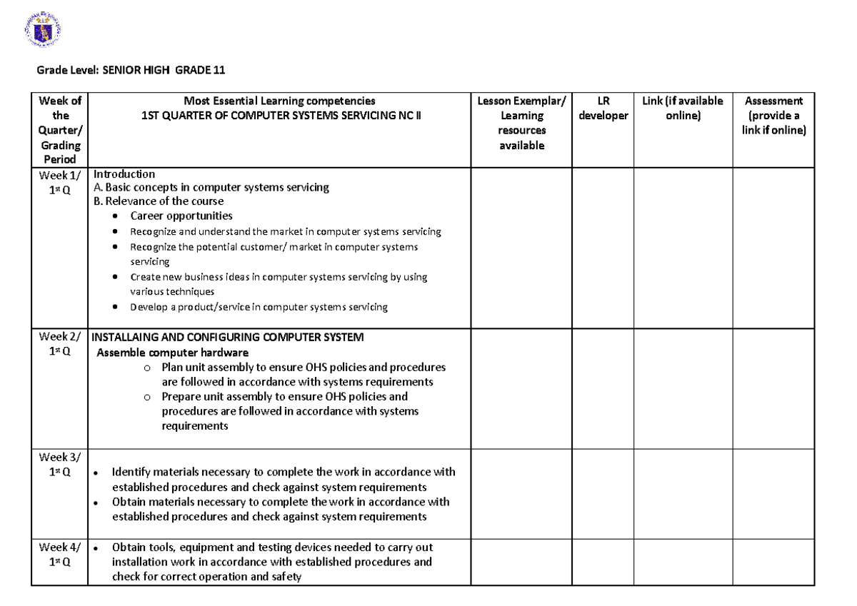 Css melcs shs grd 11pdf - Grade Level: SENIOR HIGH GRADE 11 Week of the ...