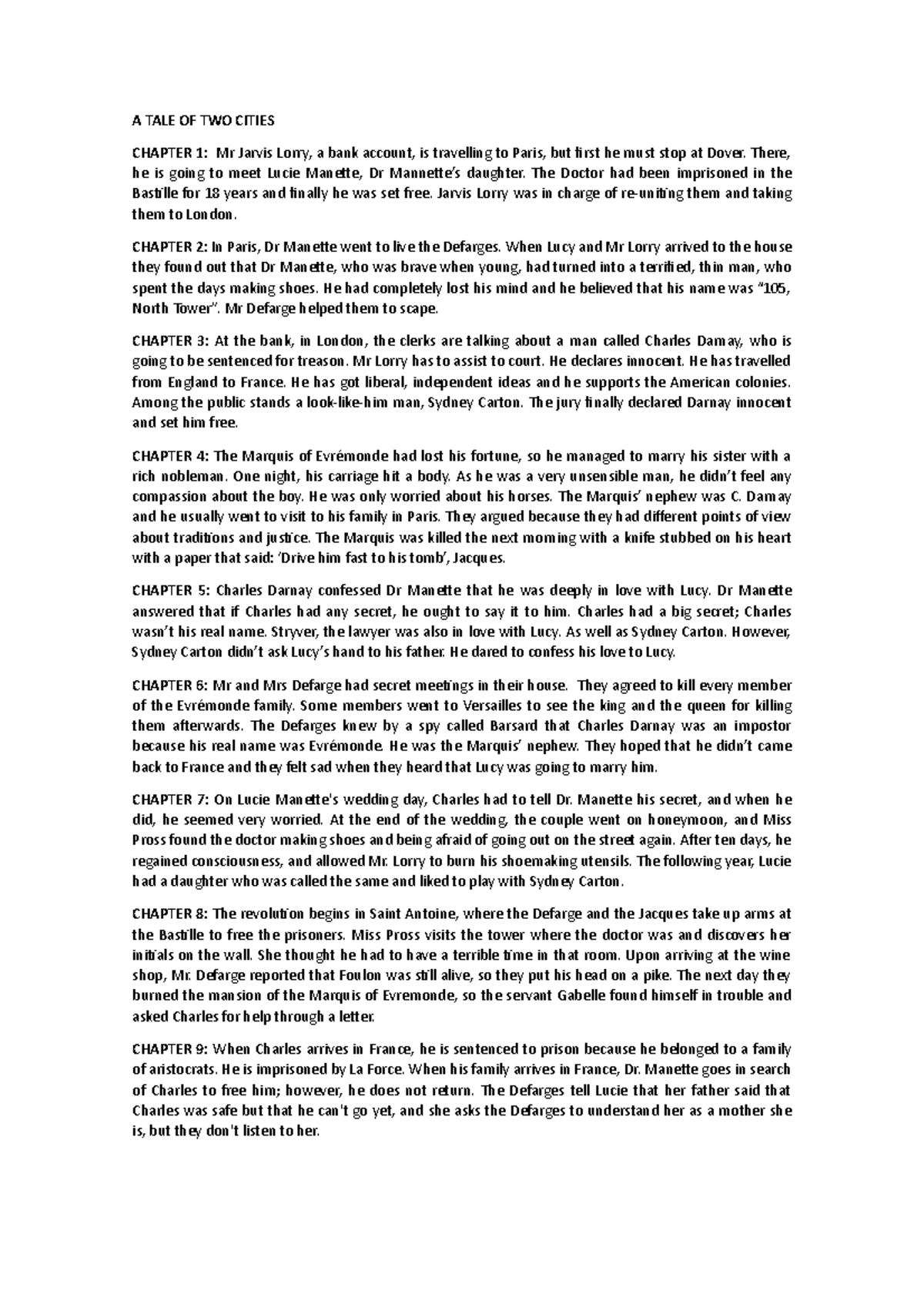 A tale of two cities - A TALE OF TWO CITIES CHAPTER 1: Mr Jarvis Lorry ...