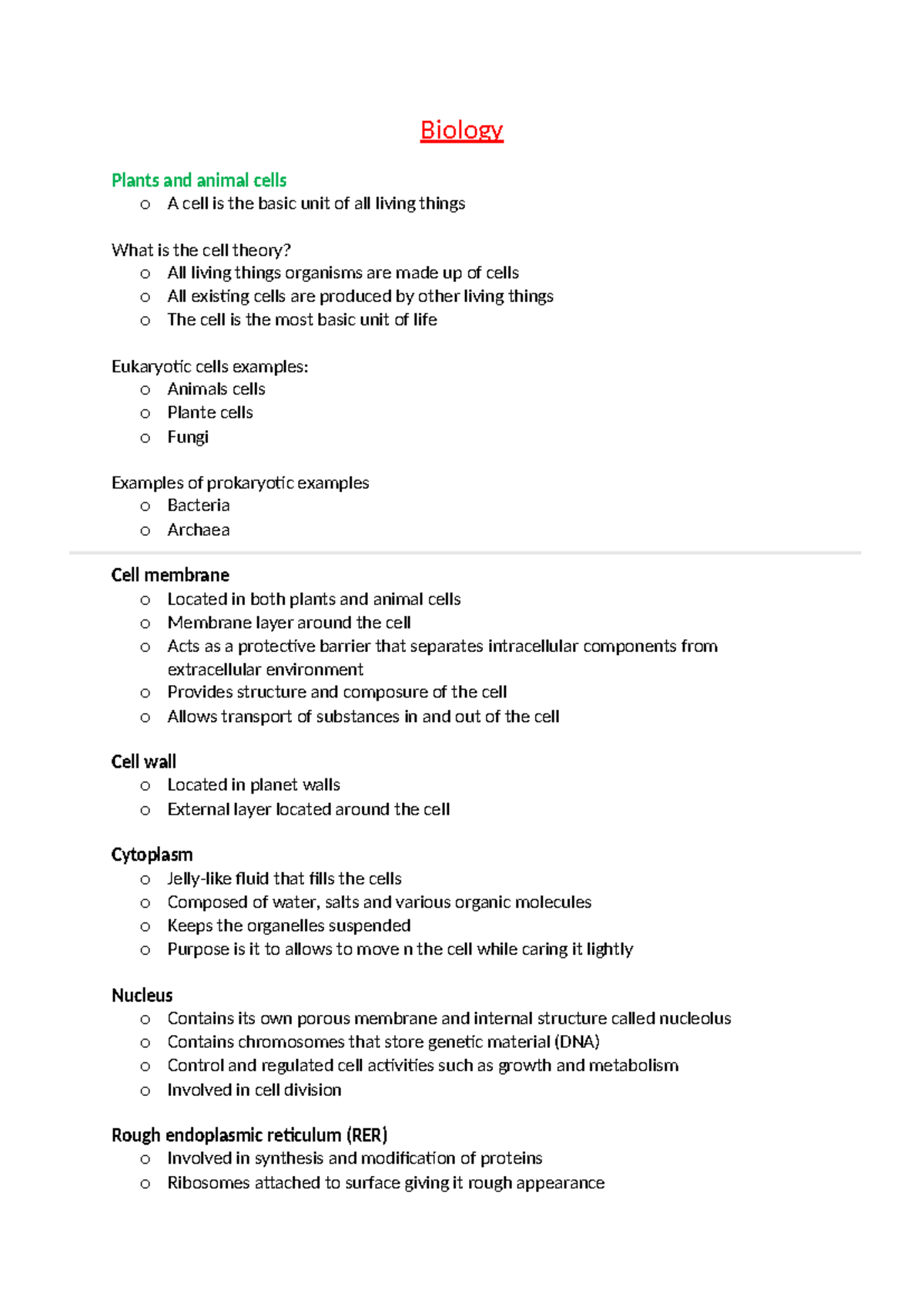 Biology notes - Y10 - Biology ####### Plants and animal cells ####### o ...