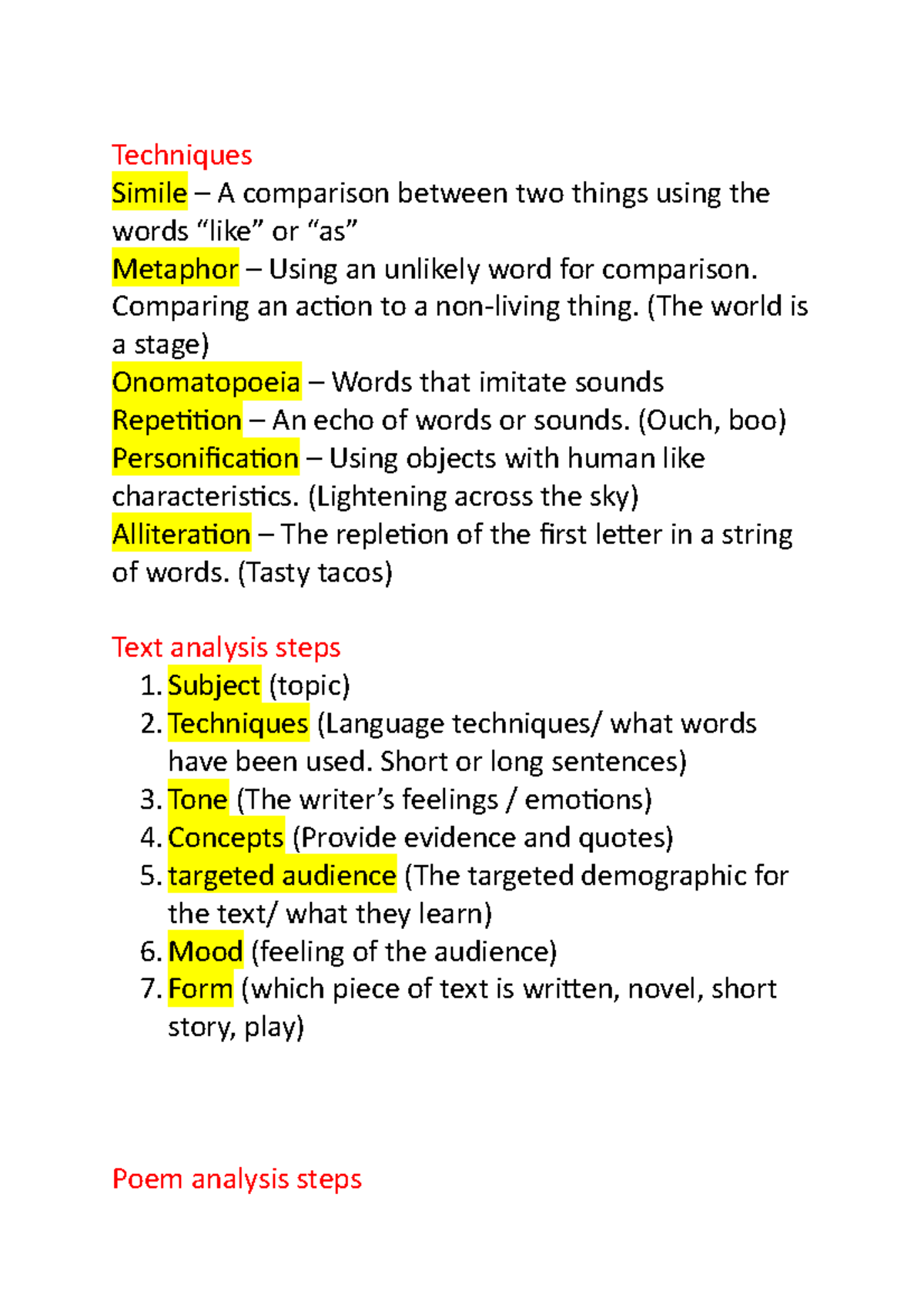 English - Lecture notes 2 - Techniques Simile – A comparison between ...