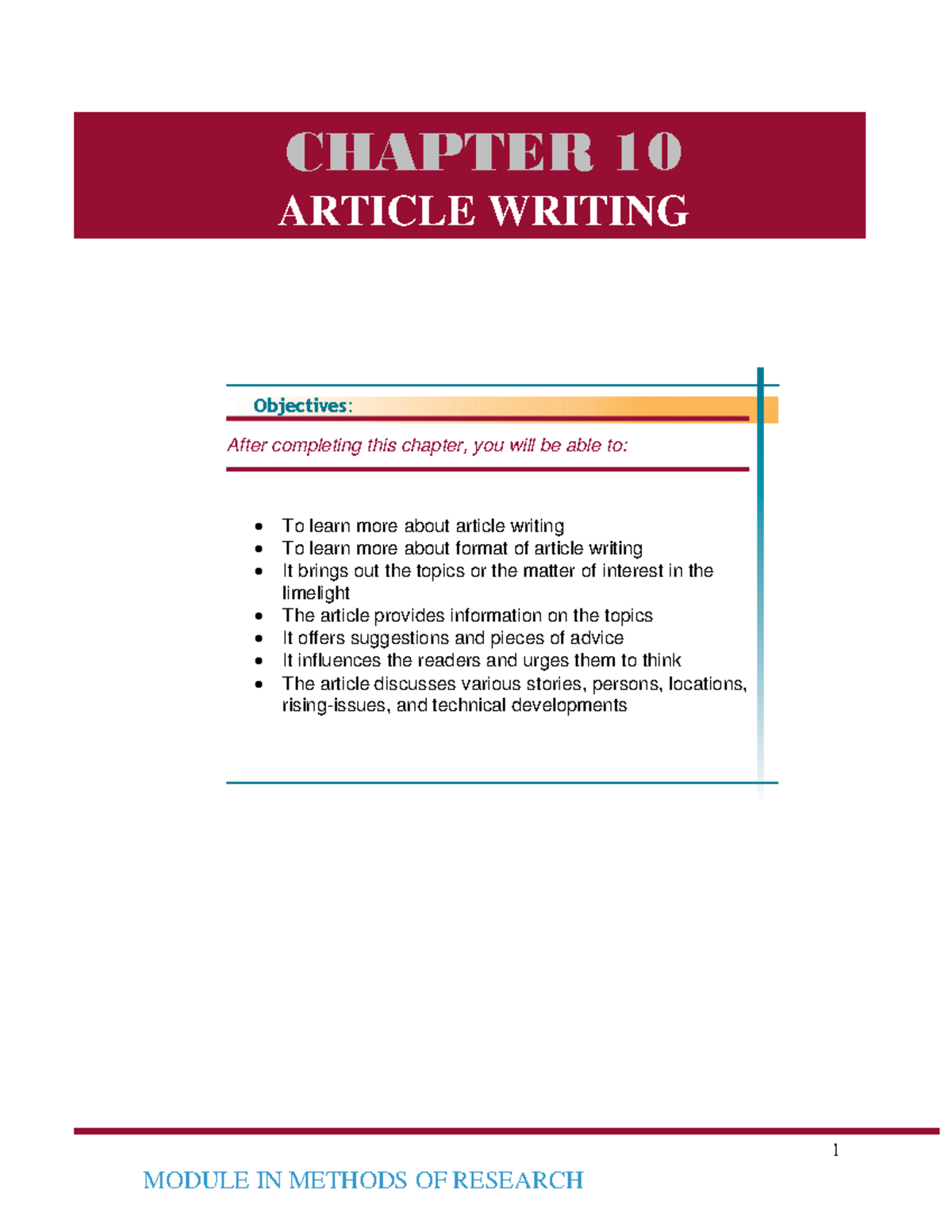 Chapter 10-Methods of Research-Module - 1 Objectives: After completing ...