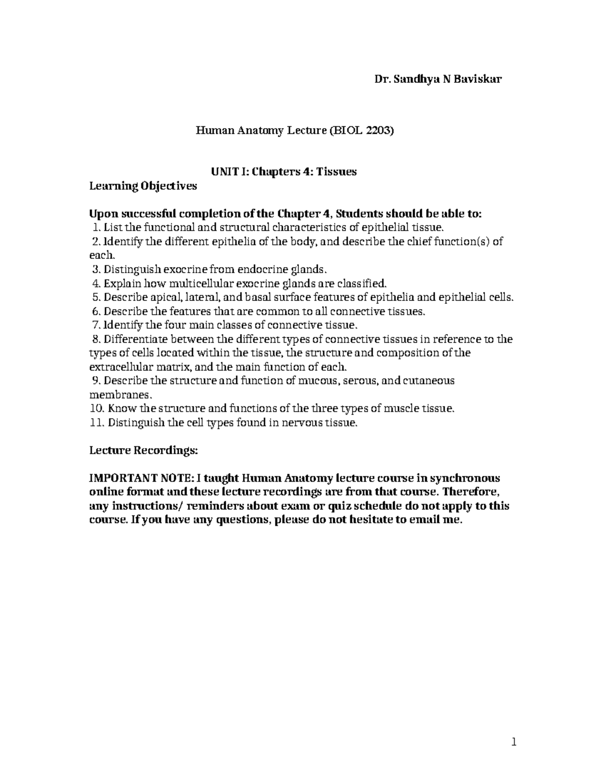 Unit I Chapter 4 Learning Objectives Dr Sandhya N Baviskar Human