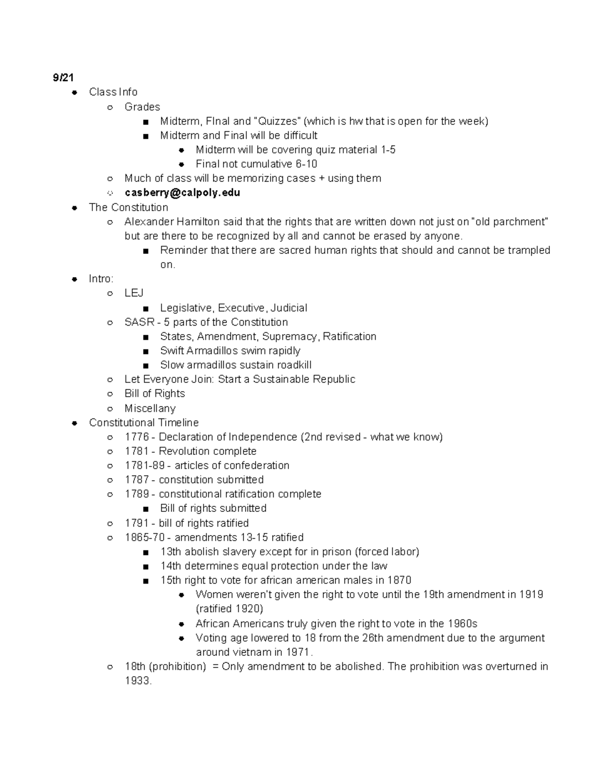POLS Notes - 9/ Class Info Grades Midterm, FInal and “Quizzes” (which ...