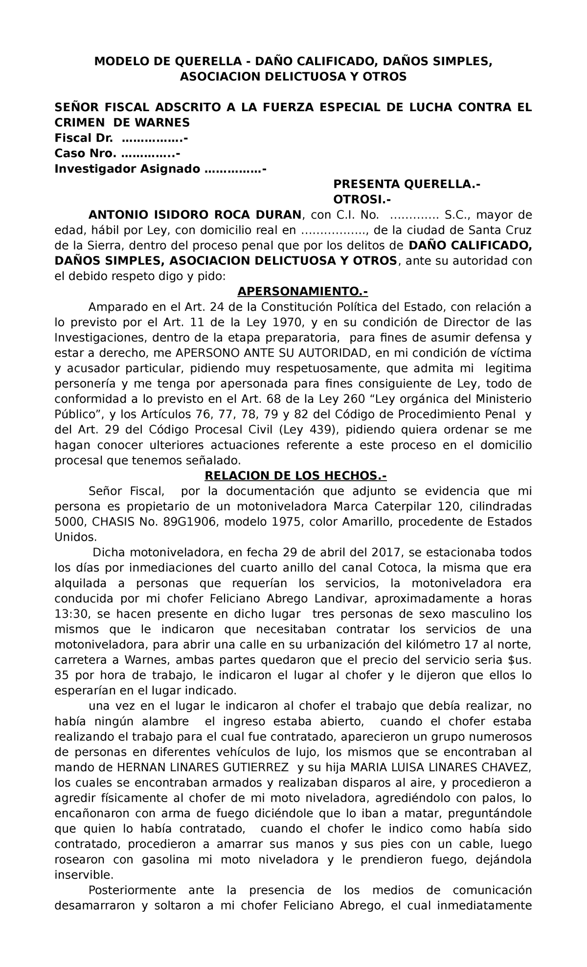 Querella - DAÑO Calificado, Daños Simples, Asociacion - MODELO DE QUERELLA - DAÑO CALIFICADO ...
