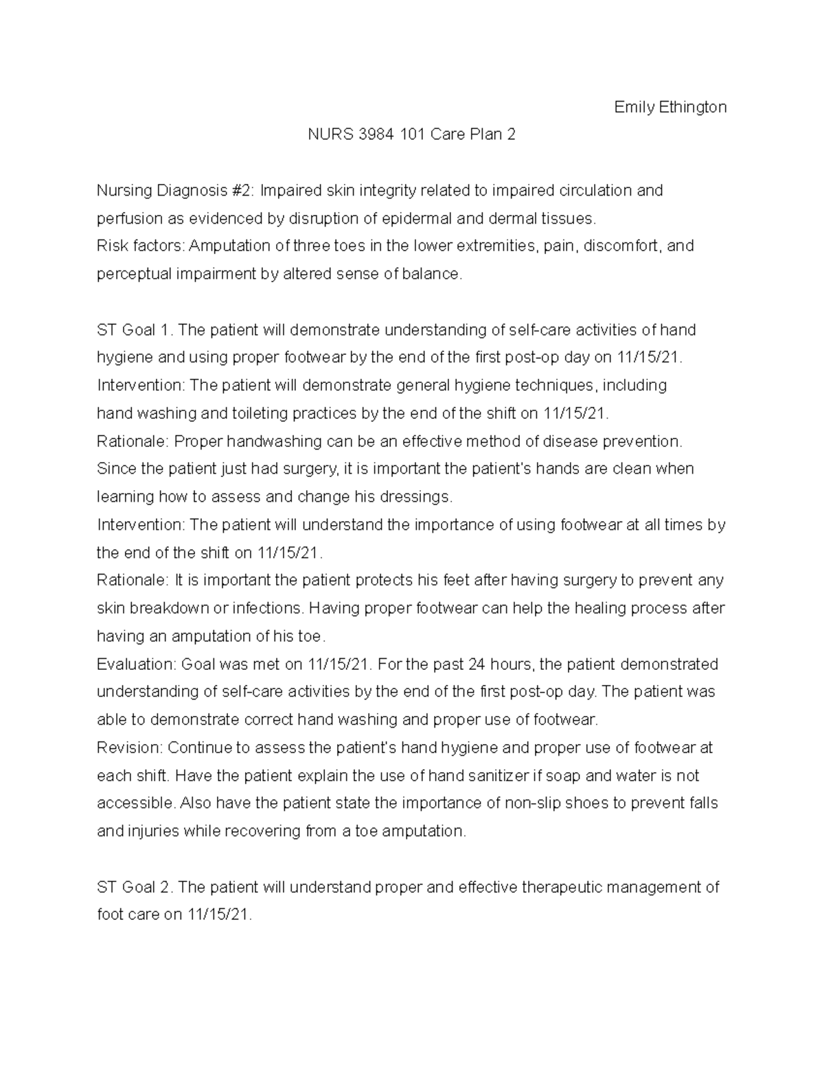 Nursing Careplan #2 - Emily Ethington NURS 3984 101 Care Plan 2 Nursing ...