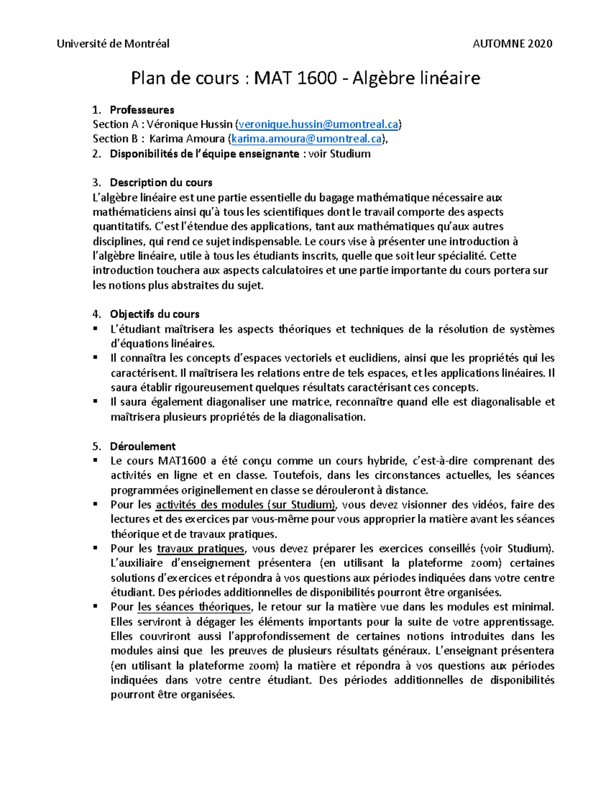 Plan de cours mat 1600 A2020 - MAT1600 - UdeM - Studocu