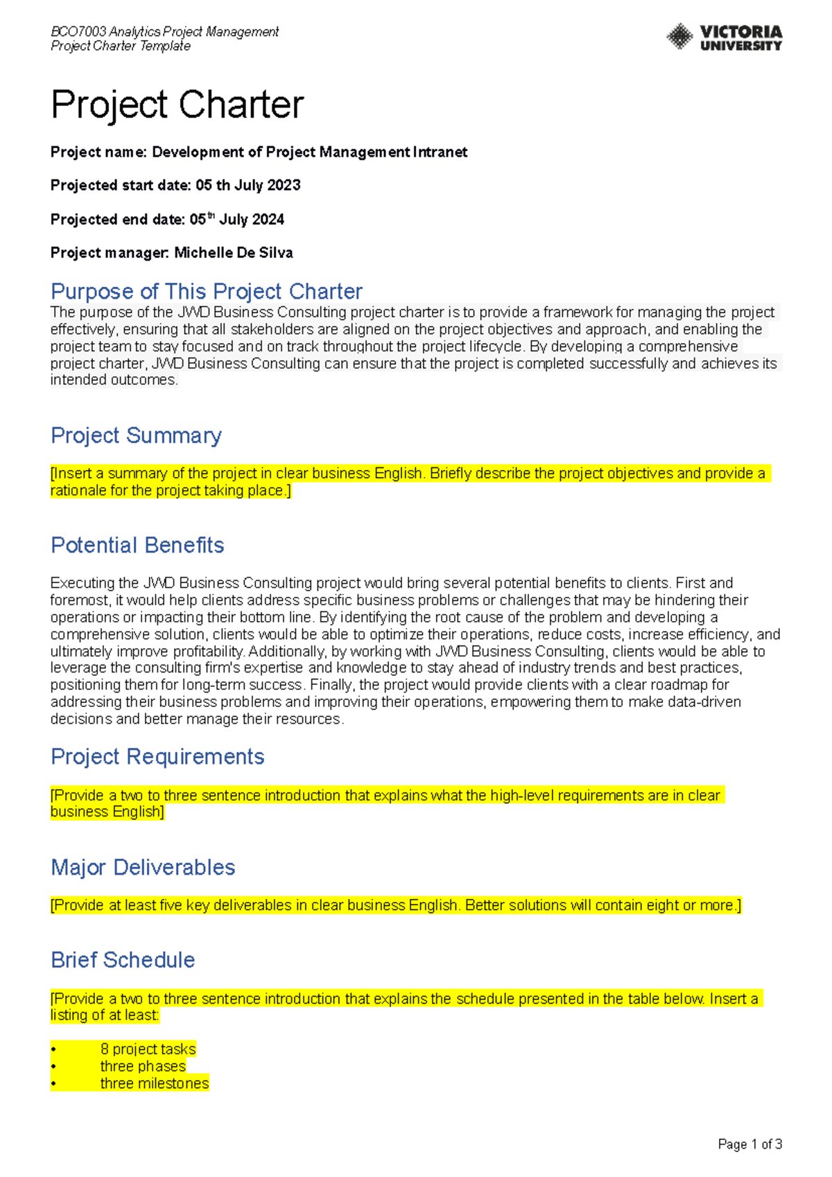 Assessment 1 Project Charter Template 1 - BCO7003 Analytics Project ...