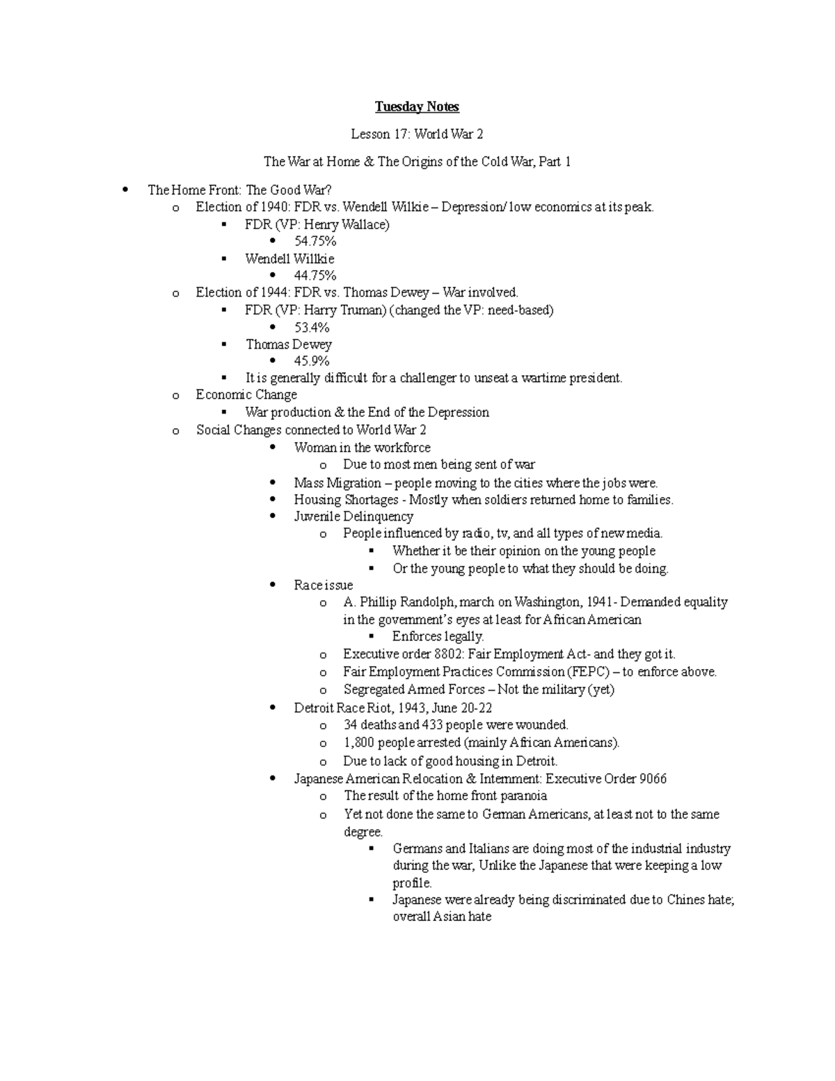 History Notes 8 - Tuesday Notes Lesson 17: World War 2 The War at Home ...