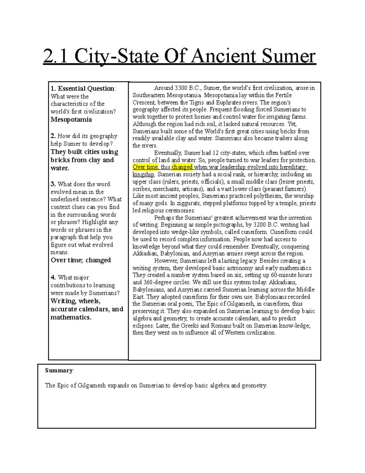 2.1 City-State Of Ancient Sumer - 2 City-State Of Ancient Sumer Summary ...