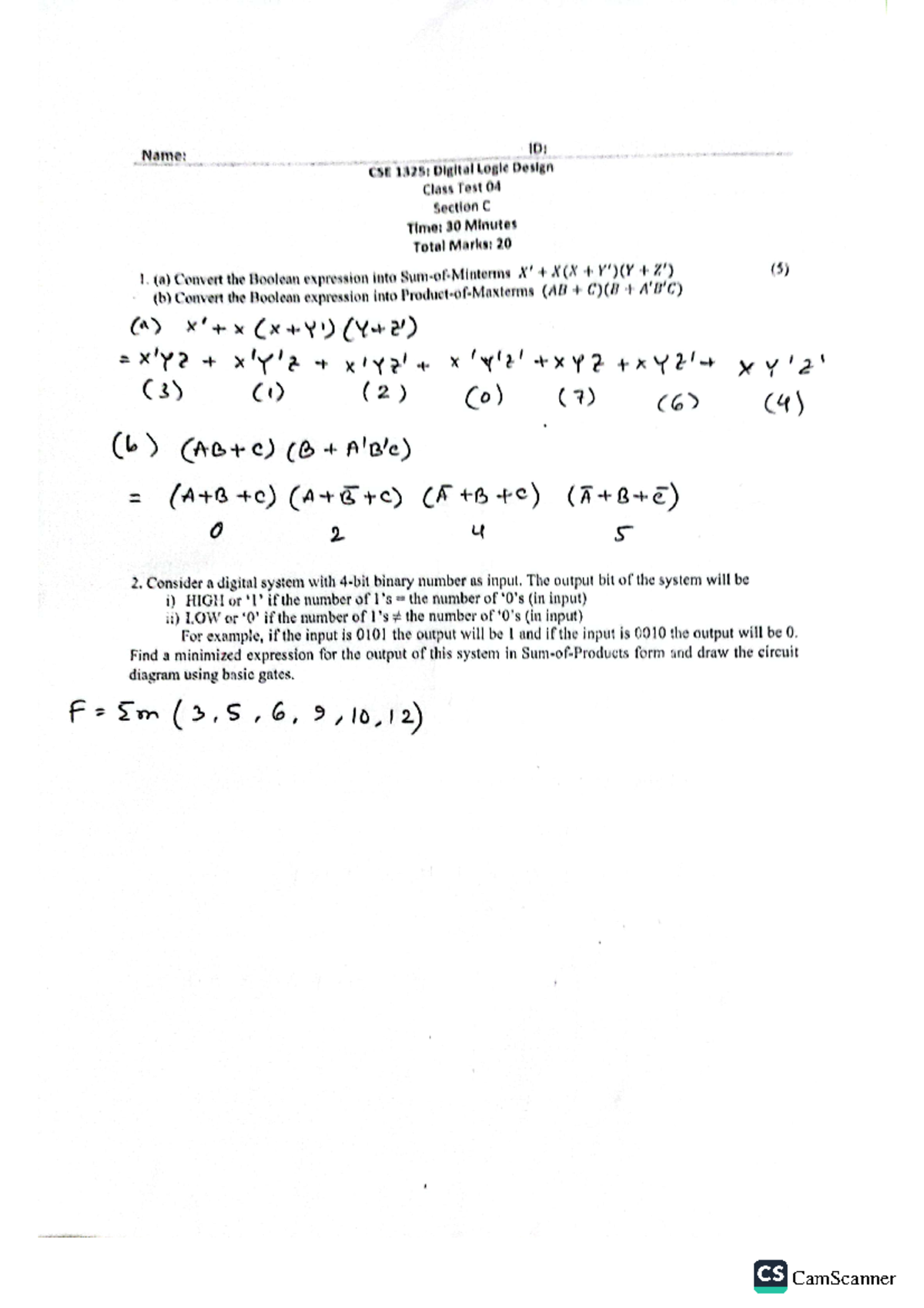 DLD CT-04 - CT Question - Digital Logic Design - CamScanner CamScanner - Studocu