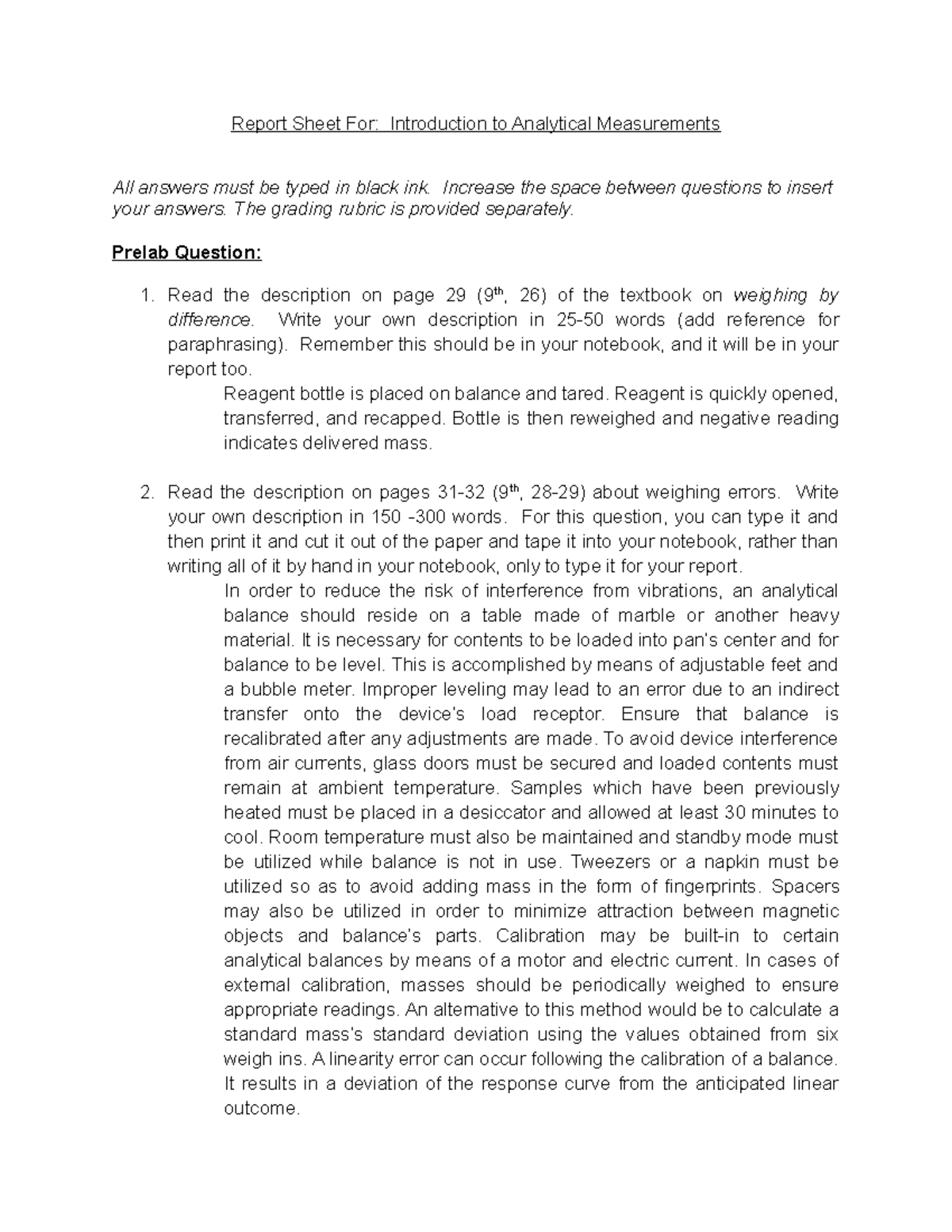 Lab 1 Report Sheet For Introduction to Analytical Measurements - Report ...