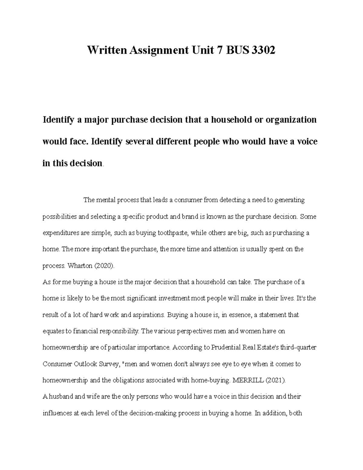 Written Assignment Unit 7 BUS 3302 Consumer Behavior BUS 3302 - Written Assignment Unit 7 BUS ...