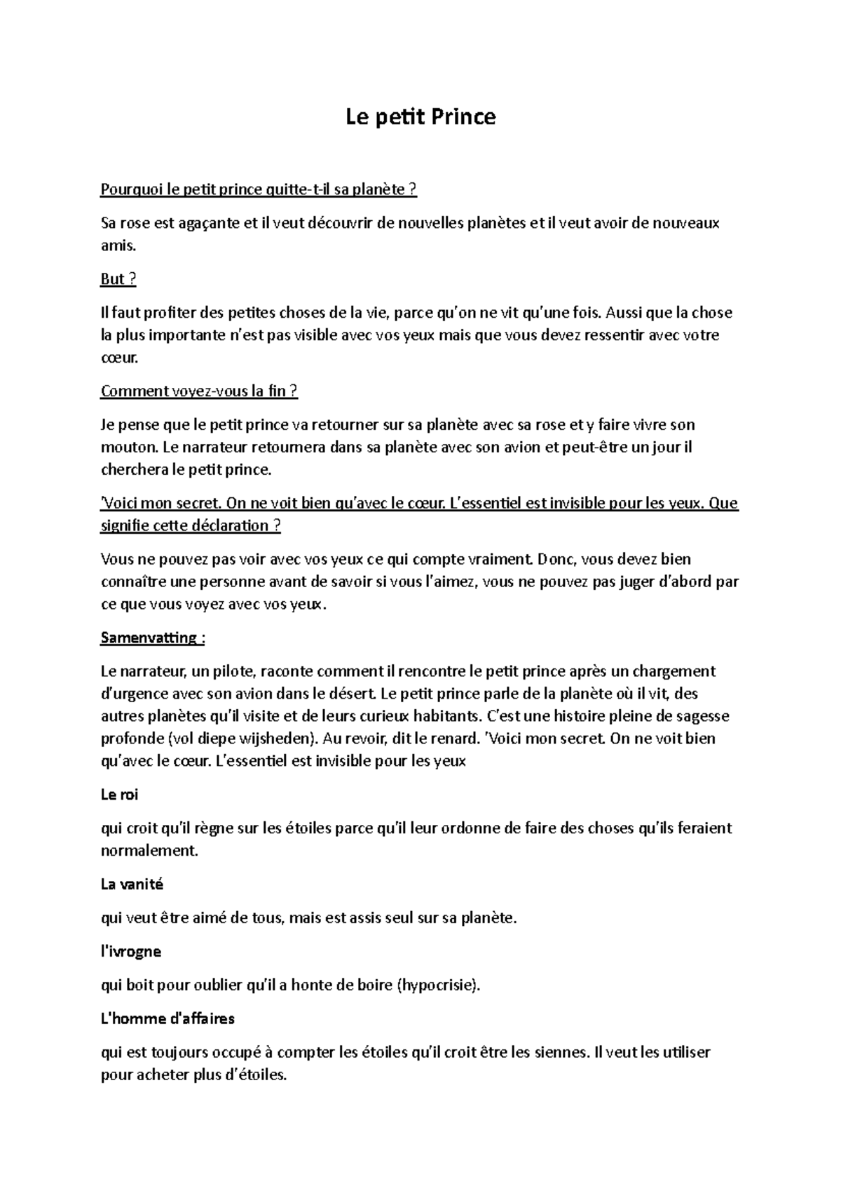 Le petit prince les questions - Le petit Prince Pourquoi le petit ...