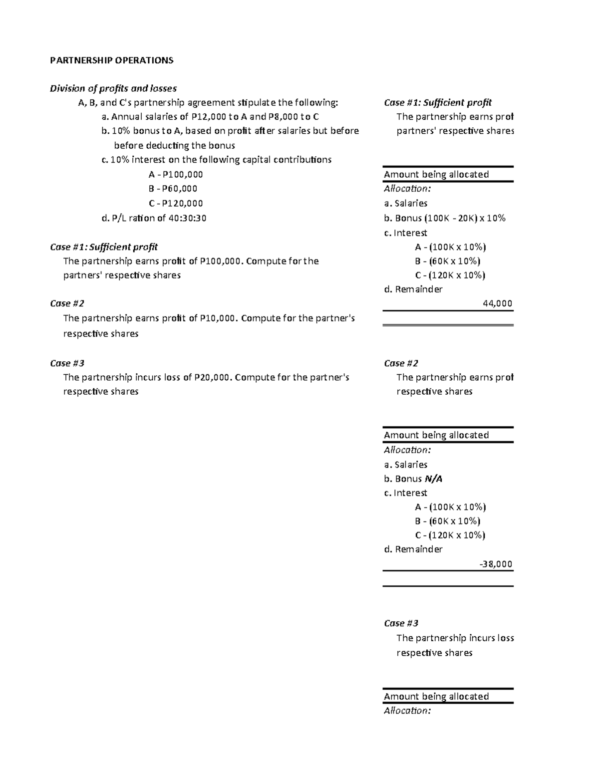 Pdfcoffee - Partnership operation - PARTNERSHIP OPERATIONS Division of profits and losses A, B ...