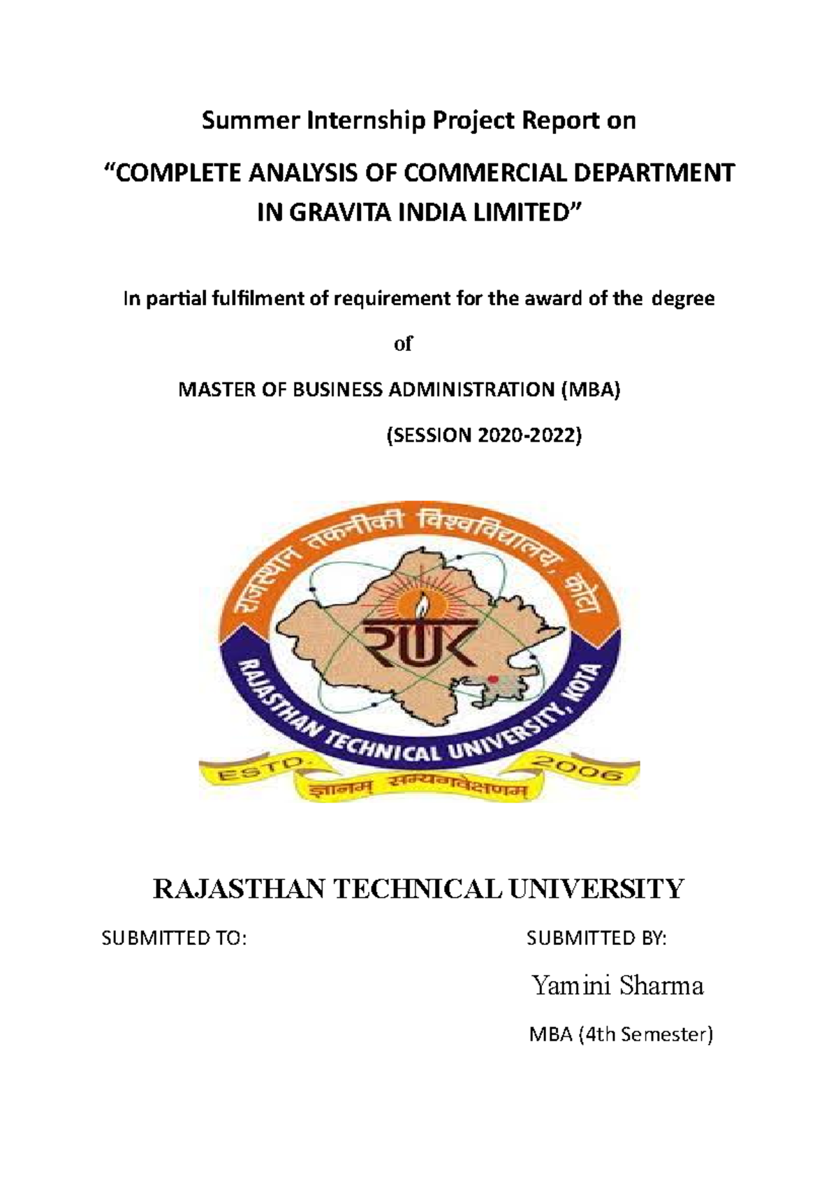 Summer Internship Project - Project Work report on “(Title of Report ...