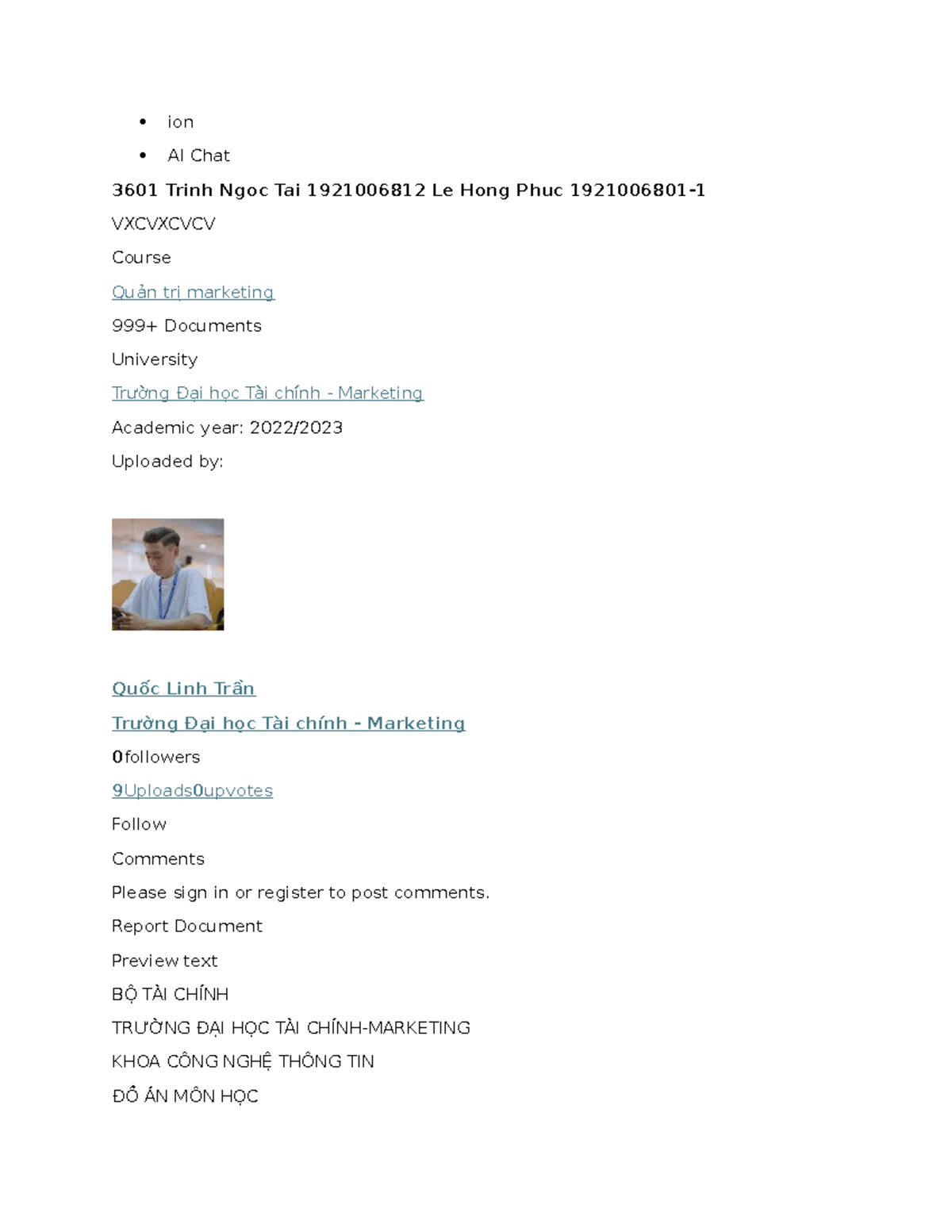 Skip to document - ytuydytdrsftxgg - ion AI Chat 3601 Trinh Ngoc Tai 1921006812 Le Hong Phuc ...