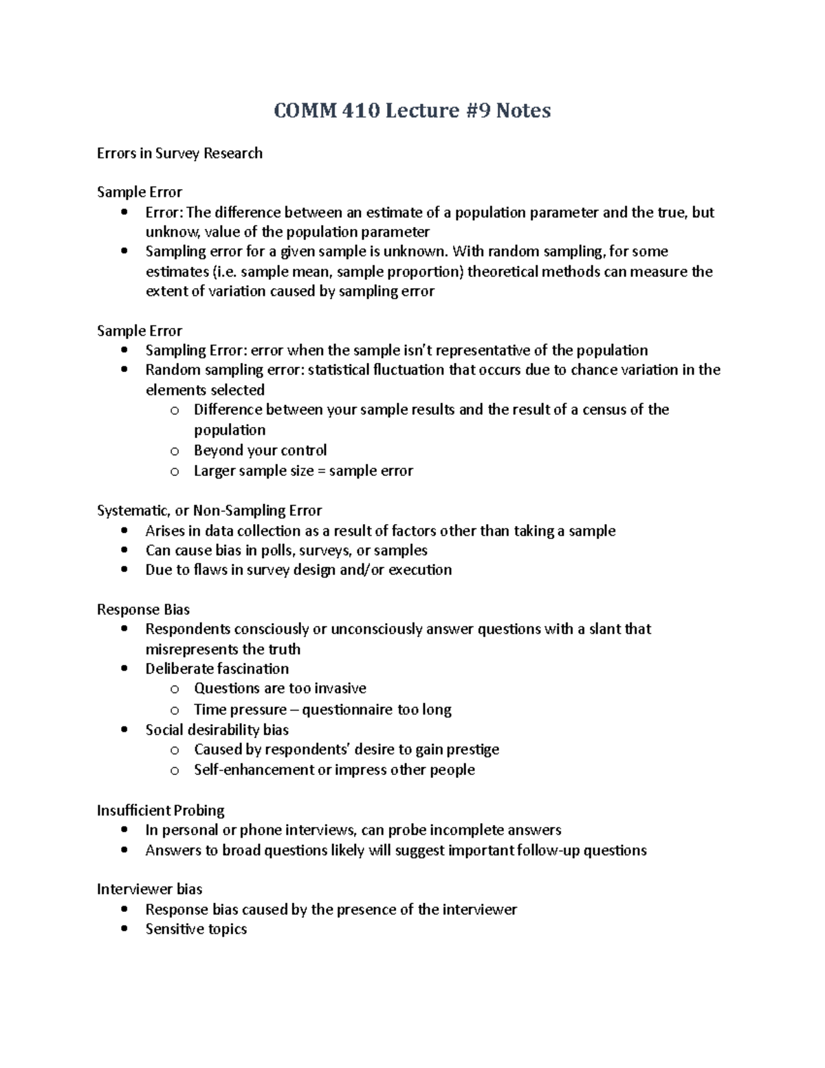 Lecture #9 - COMM 410 Lecture #9 Notes Errors in Survey Research Sample ...