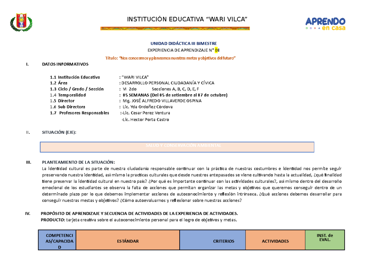 Experiencia DE Aprendizaje N° 08 DPCC - 2DO III Bimestre dpcc - UNIDAD DIDÁCTICA III BIMESTRE ...