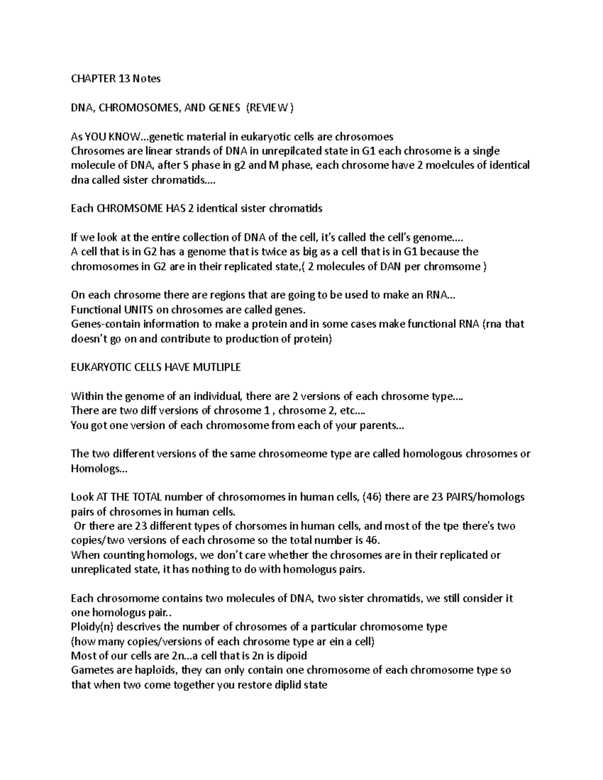 Chapter 13 Notes - CHAPTER 13 Notes DNA, CHROMOSOMES, AND GENES (REVIEW ...
