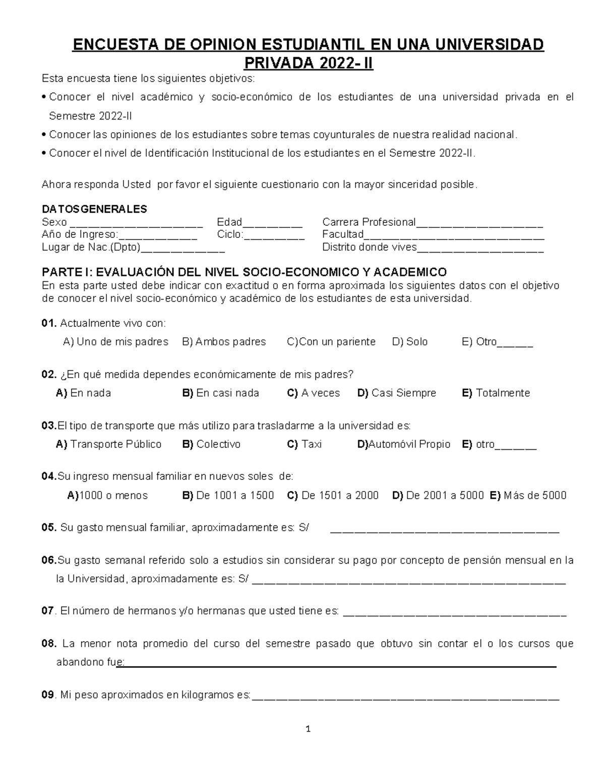 Cuestionario DE Encuesta- Estadistica - ENCUESTA DE OPINION ESTUDIANTIL ...