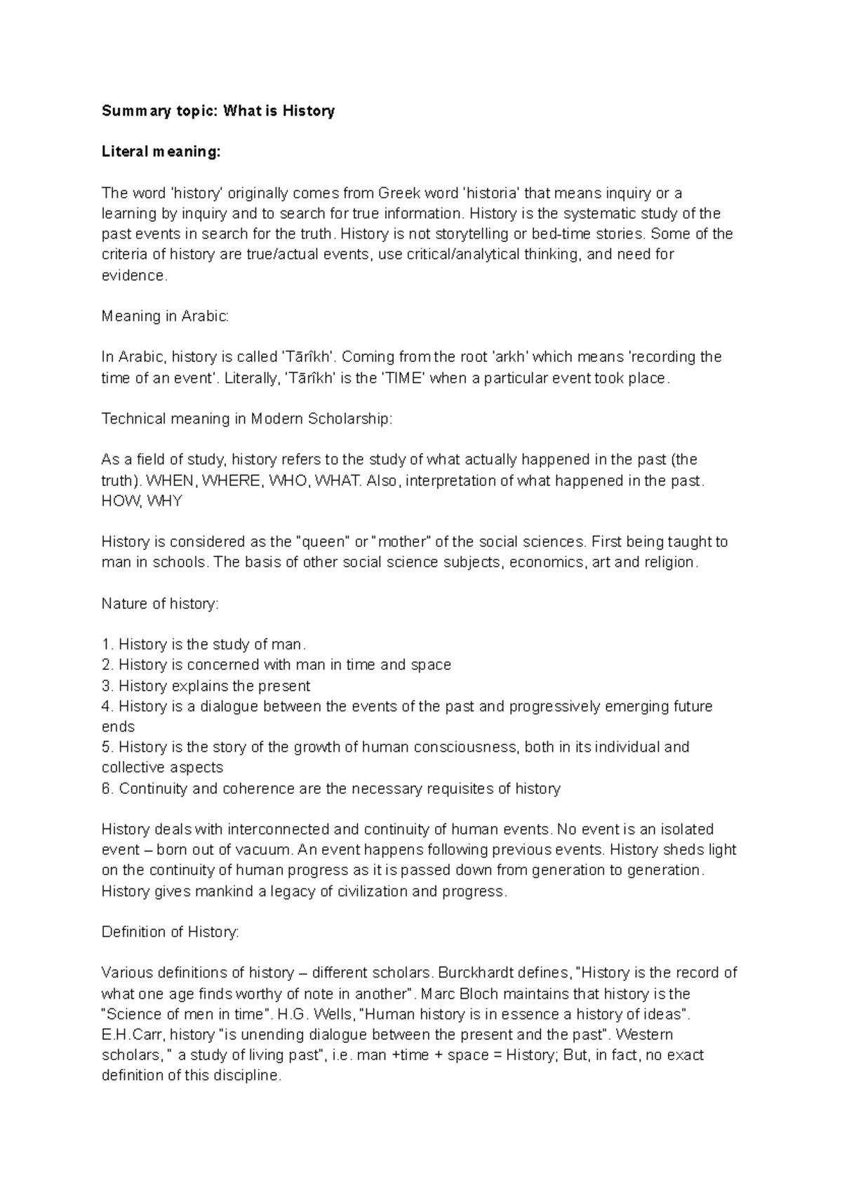 Hist chap 1 - Summary topic: What is History Literal meaning: The word ...