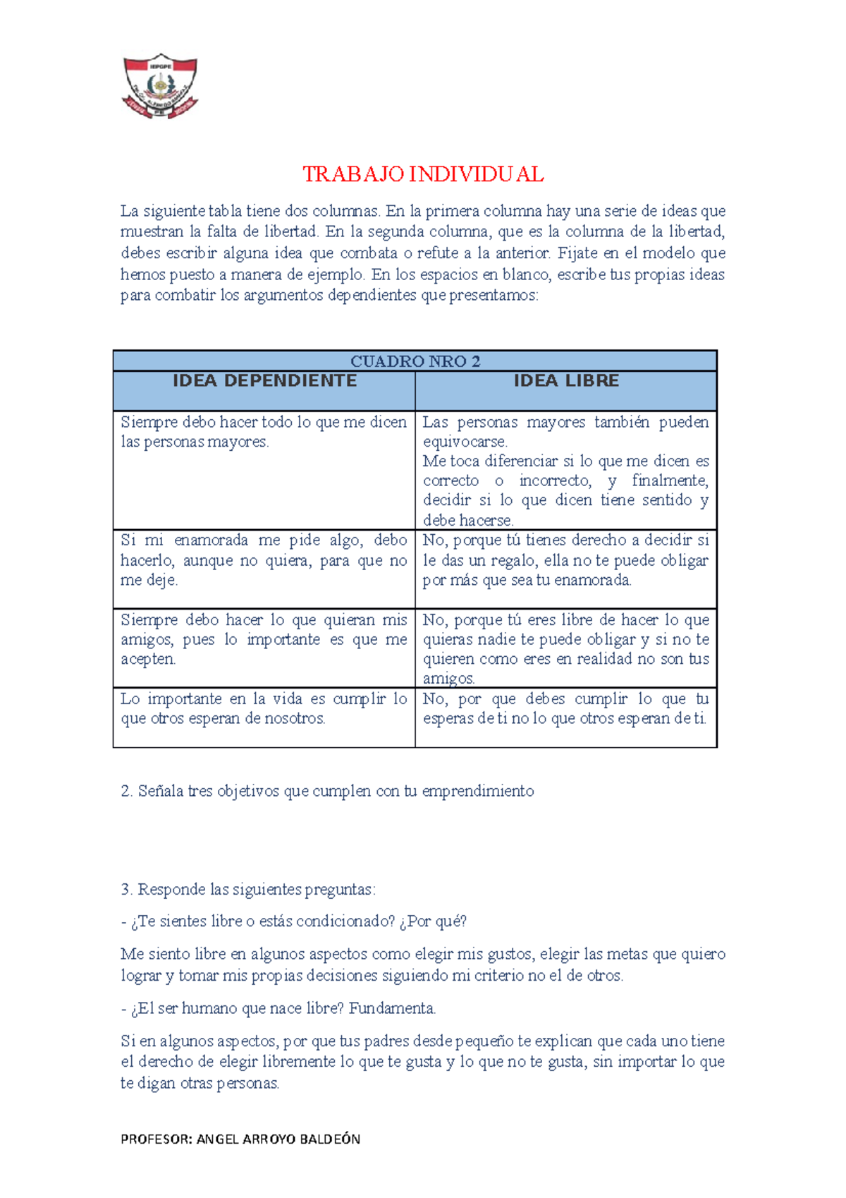 Anexo 2 5to año - assssssssss - TRABAJO INDIVIDUAL La siguiente tabla ...