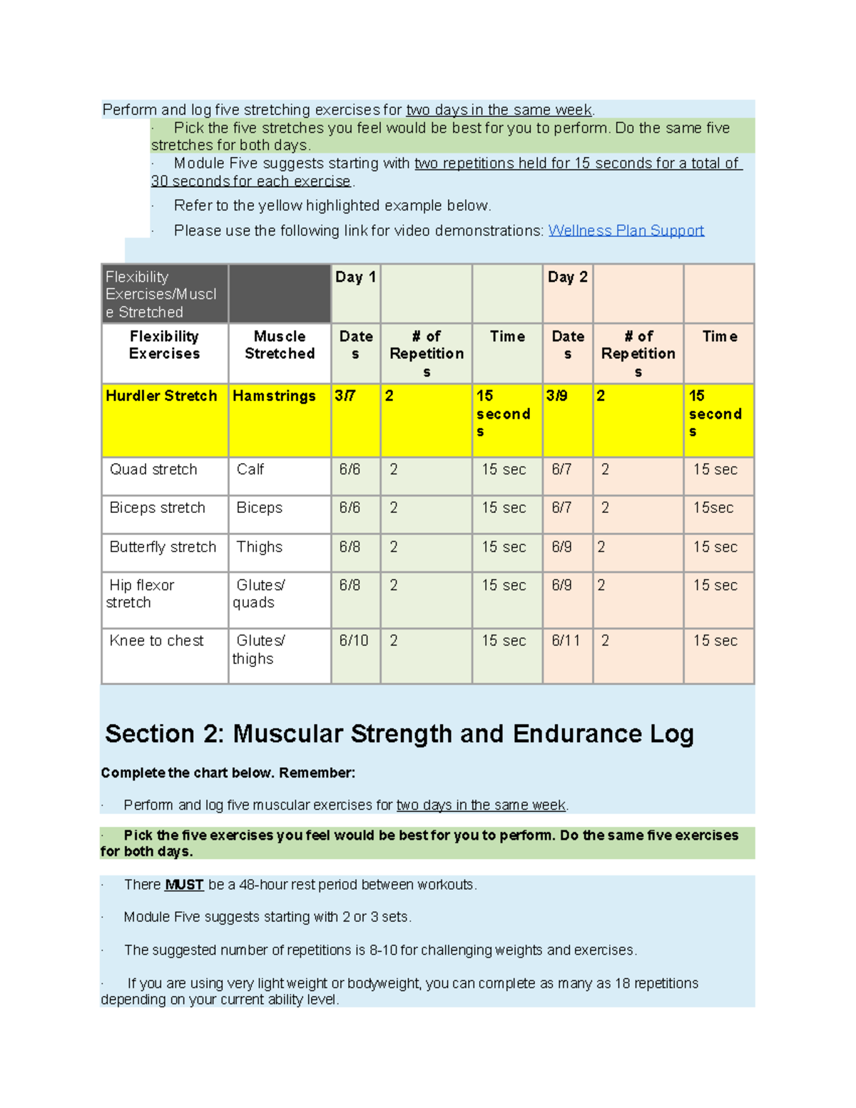 Flexibility and Strength Training Log - Module Five - Perform and log ...