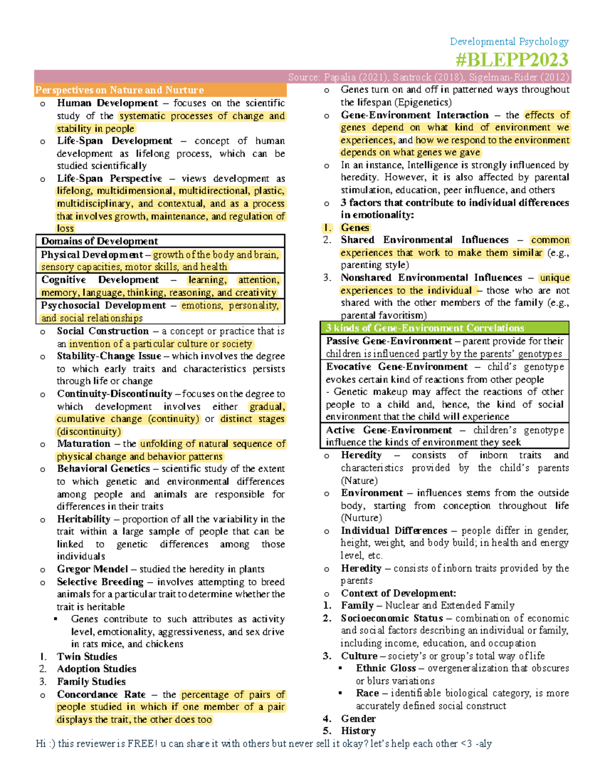 TOS Outline Dev Psych 2 - Board Exam Notes - #BLEPP Source: Papalia ...