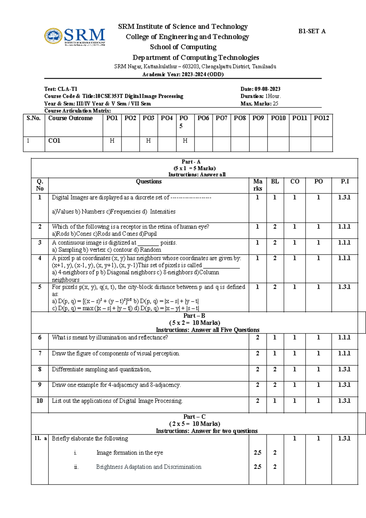 Final B1 Set A Ct1 Srm Institute Of Science And Technology College Of Engineering And