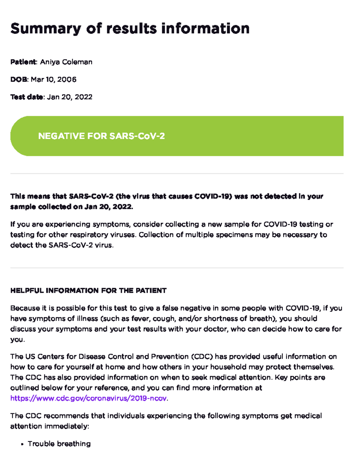 Covid-19 Test - science - Summary of results information Patient: Aniya ...