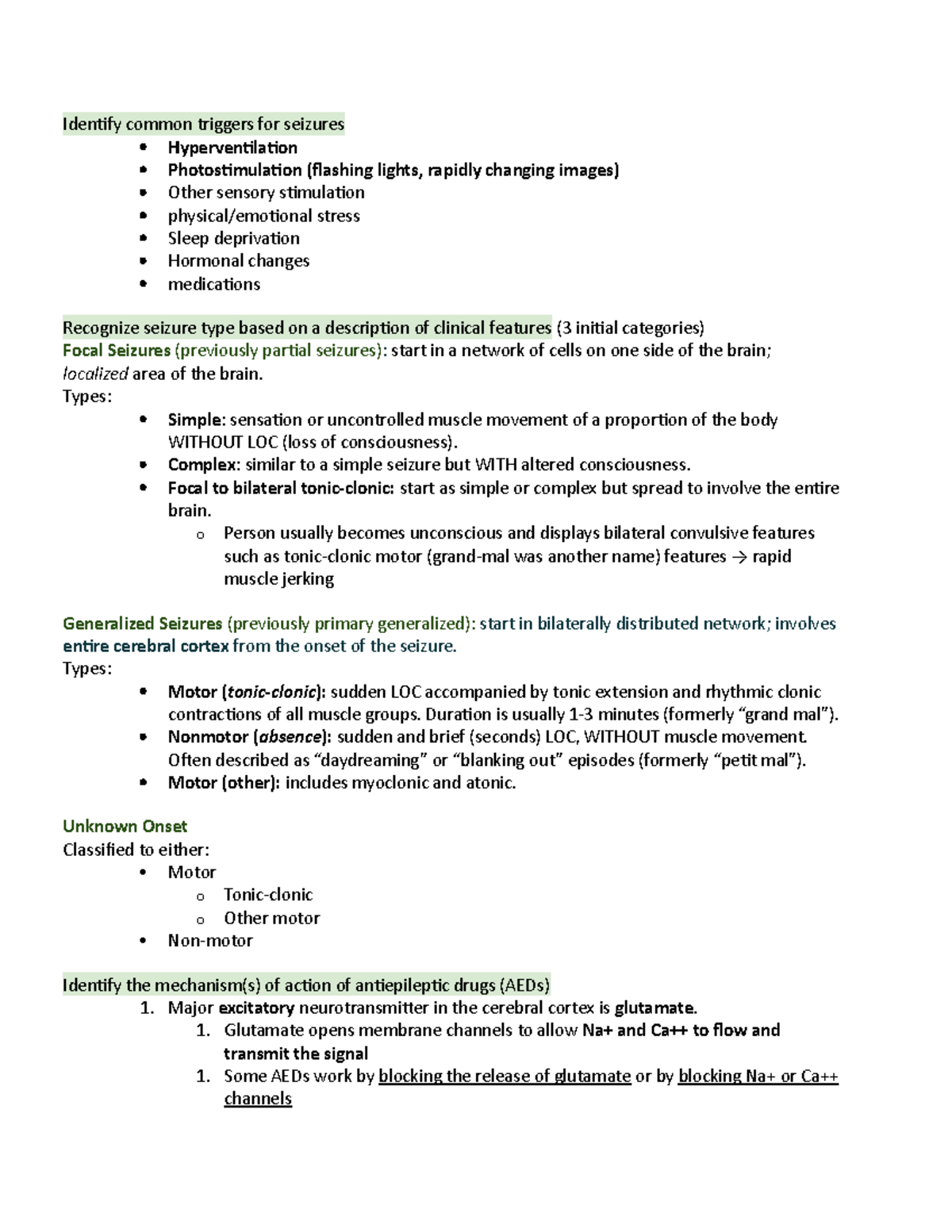 Epilepsy - Exam 3 - Identify common triggers for seizures ...