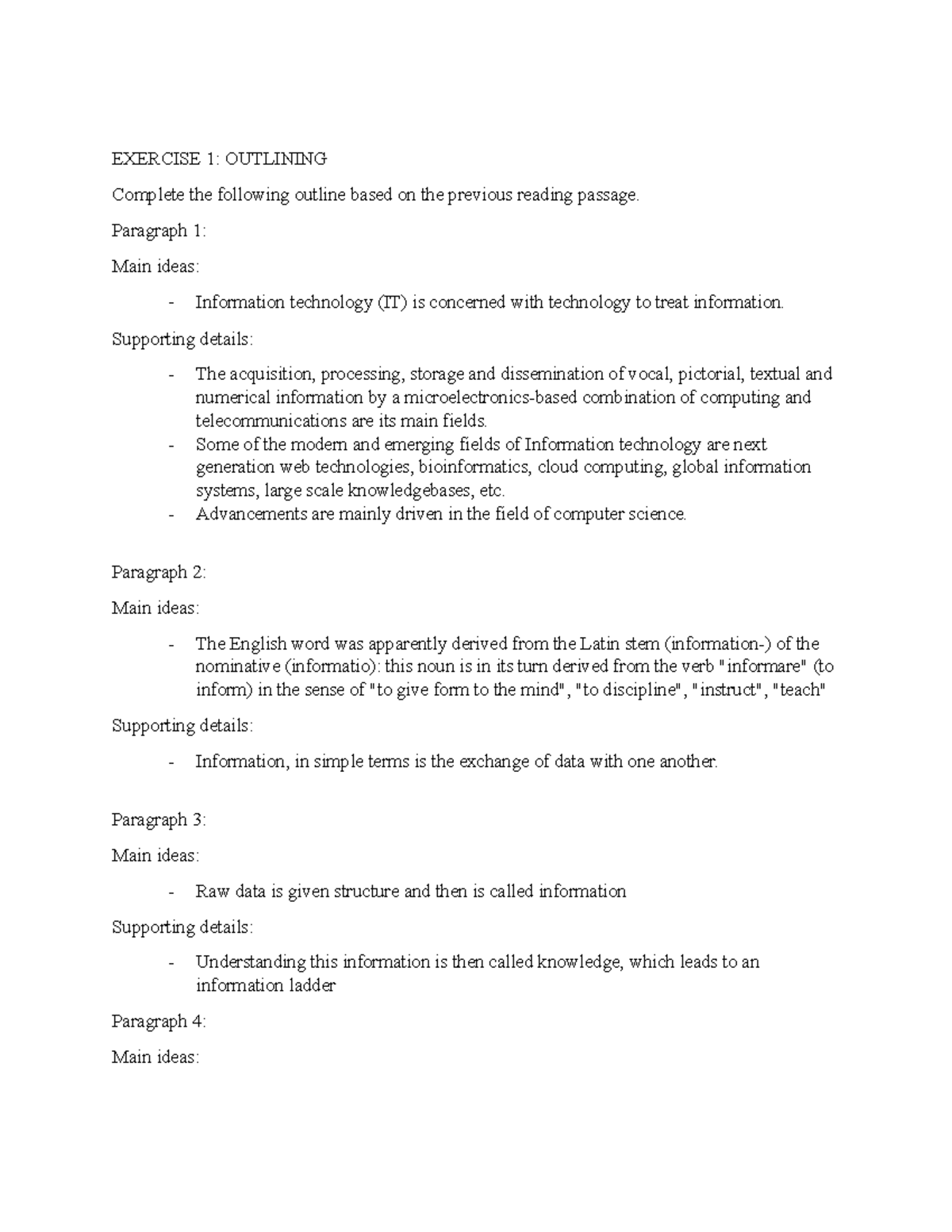 Tugas OUTLINING - EXERCISE 1: OUTLINING Complete the following outline ...