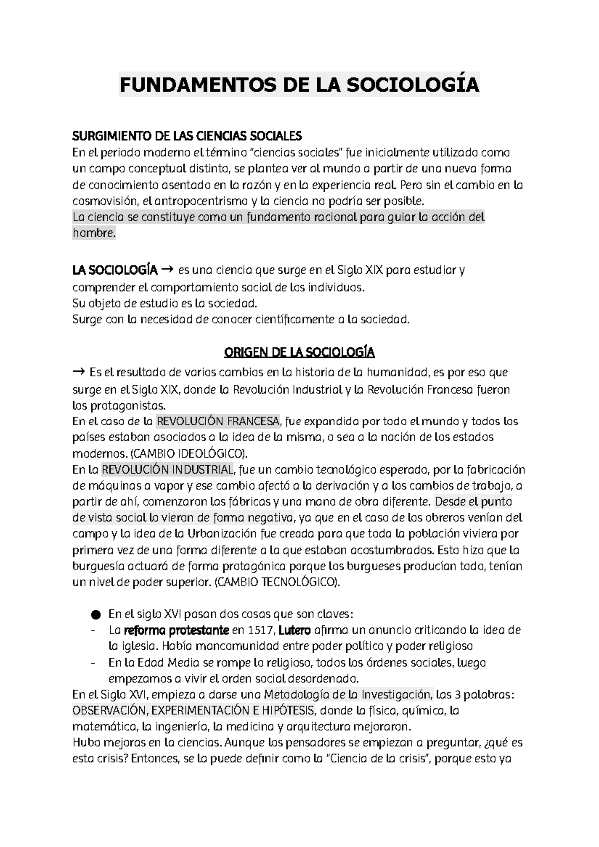 SociologíA resumen - FUNDAMENTOS DE LA SOCIOLOGÍA SURGIMIENTO DE LAS CIENCIAS SOCIALES En el ...