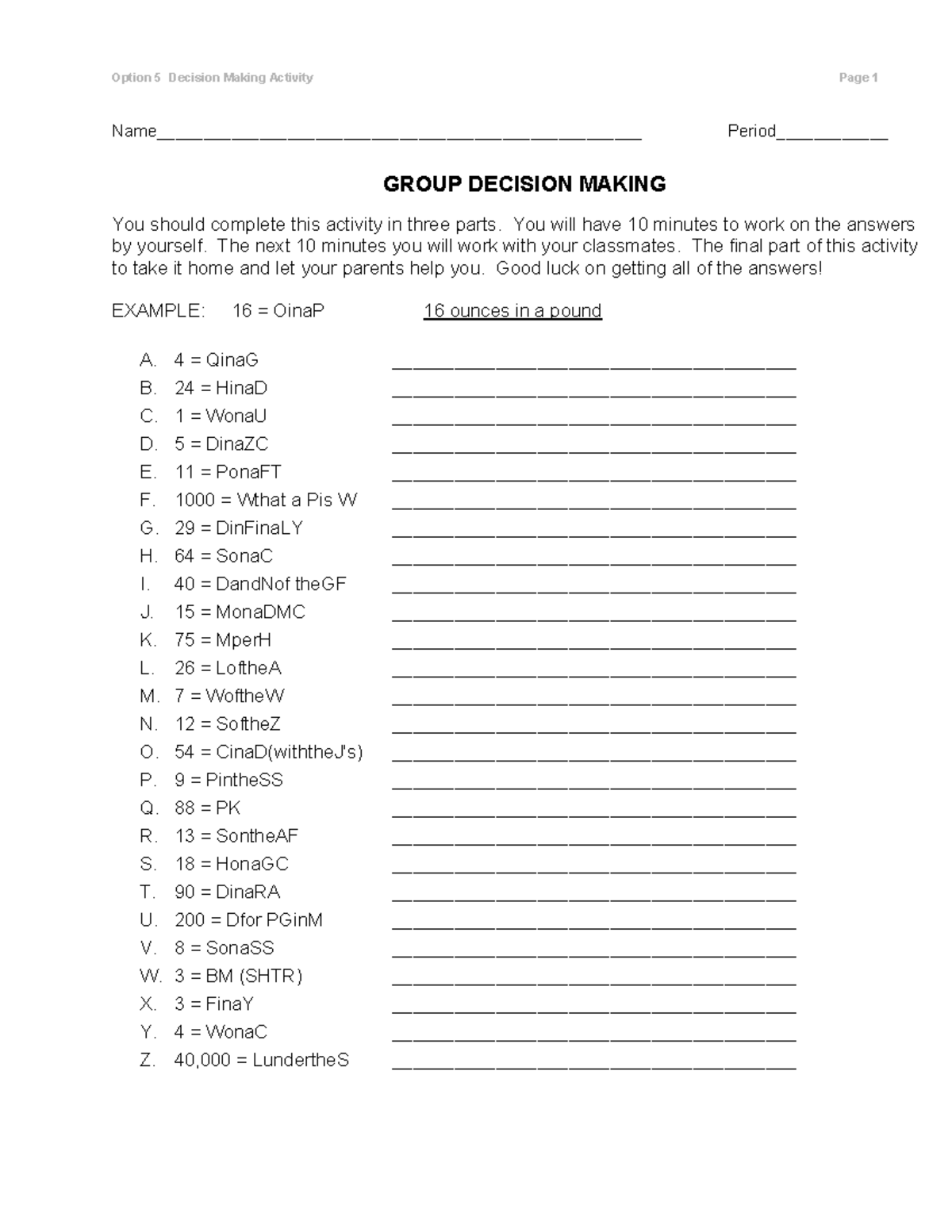 Decision Making Activity - You will have 10 minutes to work on the ...