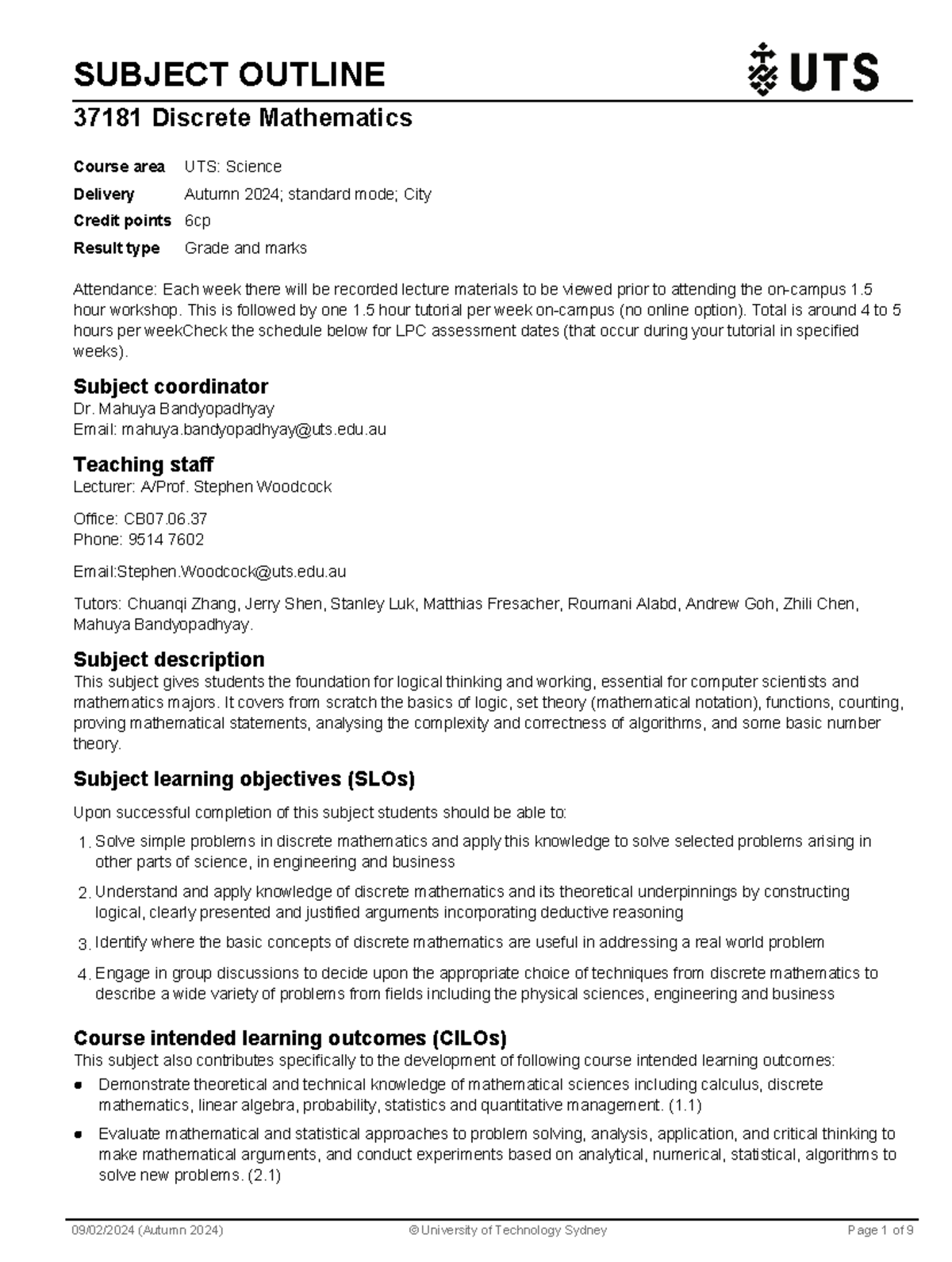 Discrete Mathematics Outline 2024 AUT - SUBJECT OUTLINE 37181 Discrete ...