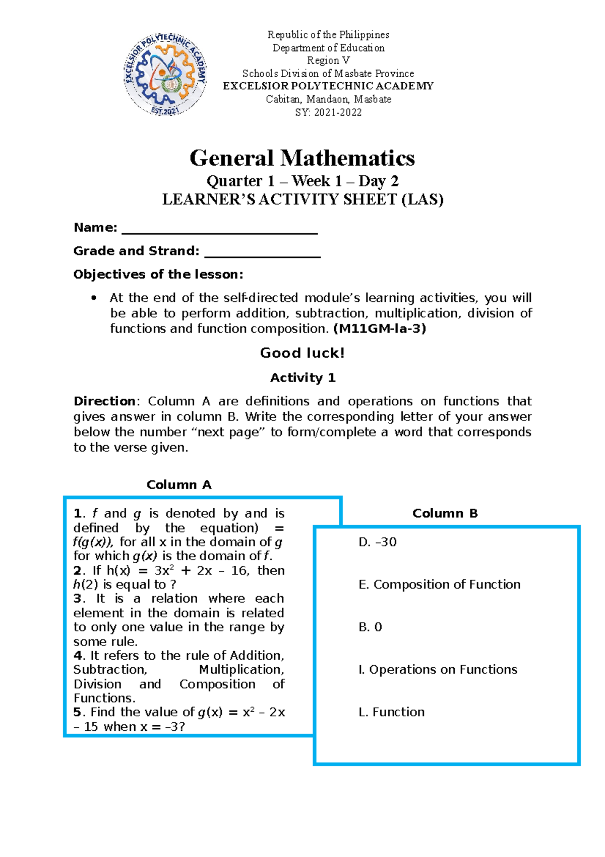 Gen - summary - General Mathematics Quarter 1 – Week 1 – Day 2 LEARNER ...