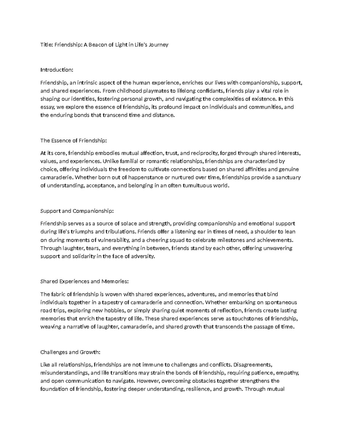 Friendship Essay - Title: Friendship: A Beacon of Light in Life's ...