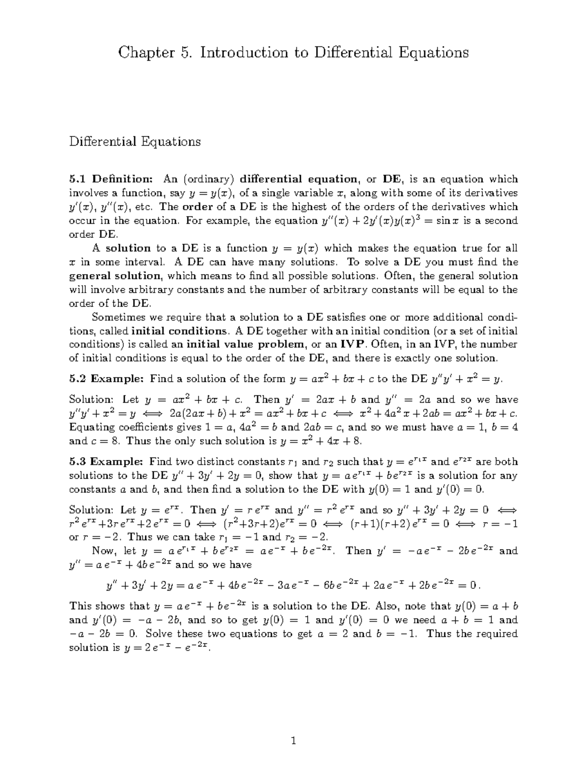 Ch5DEs - differential eqs - Chapter 5. Introduction to Differential ...