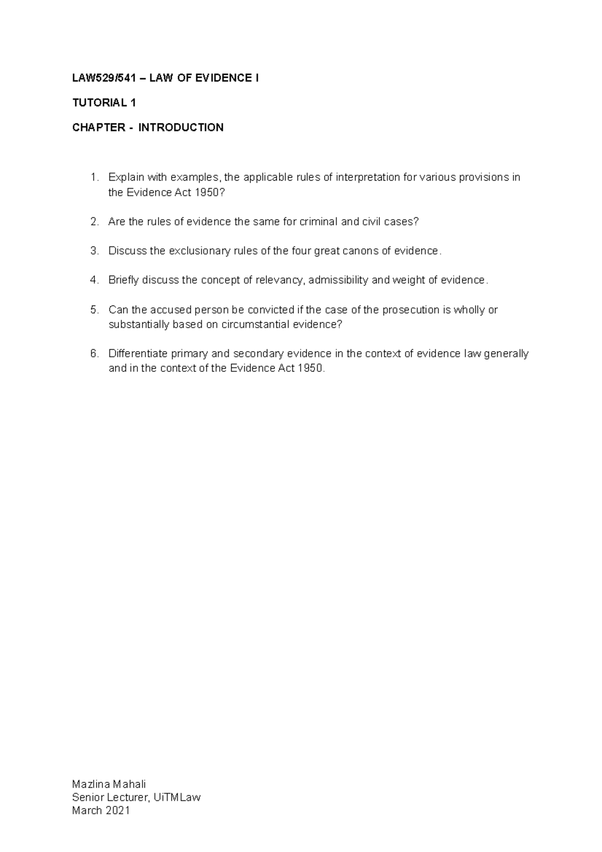 LAW529 - Tutorial 1 - Tuto - LAW529/541 – LAW OF EVIDENCE I TUTORIAL 1 ...
