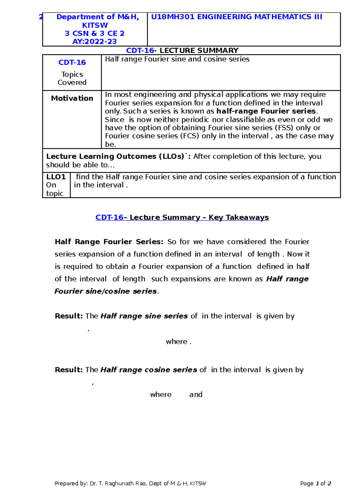 CDT16-Half Range Fourier series - 2 Department of M&H, KITSW 3 CSN & 3 ...