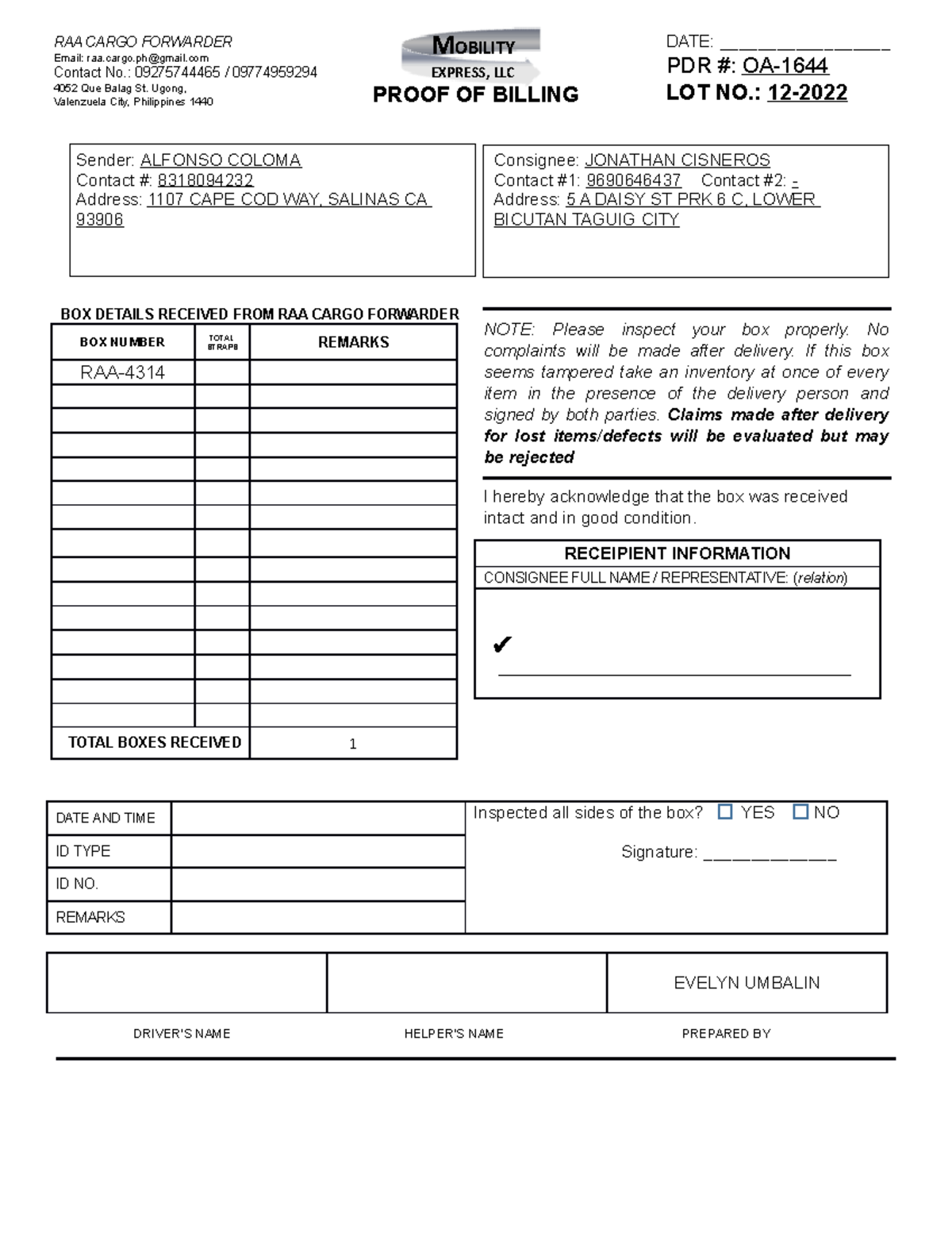 14- Jonathan Cisneros - jdhjdhjshs - PROOF OF BILLING Consignee ...