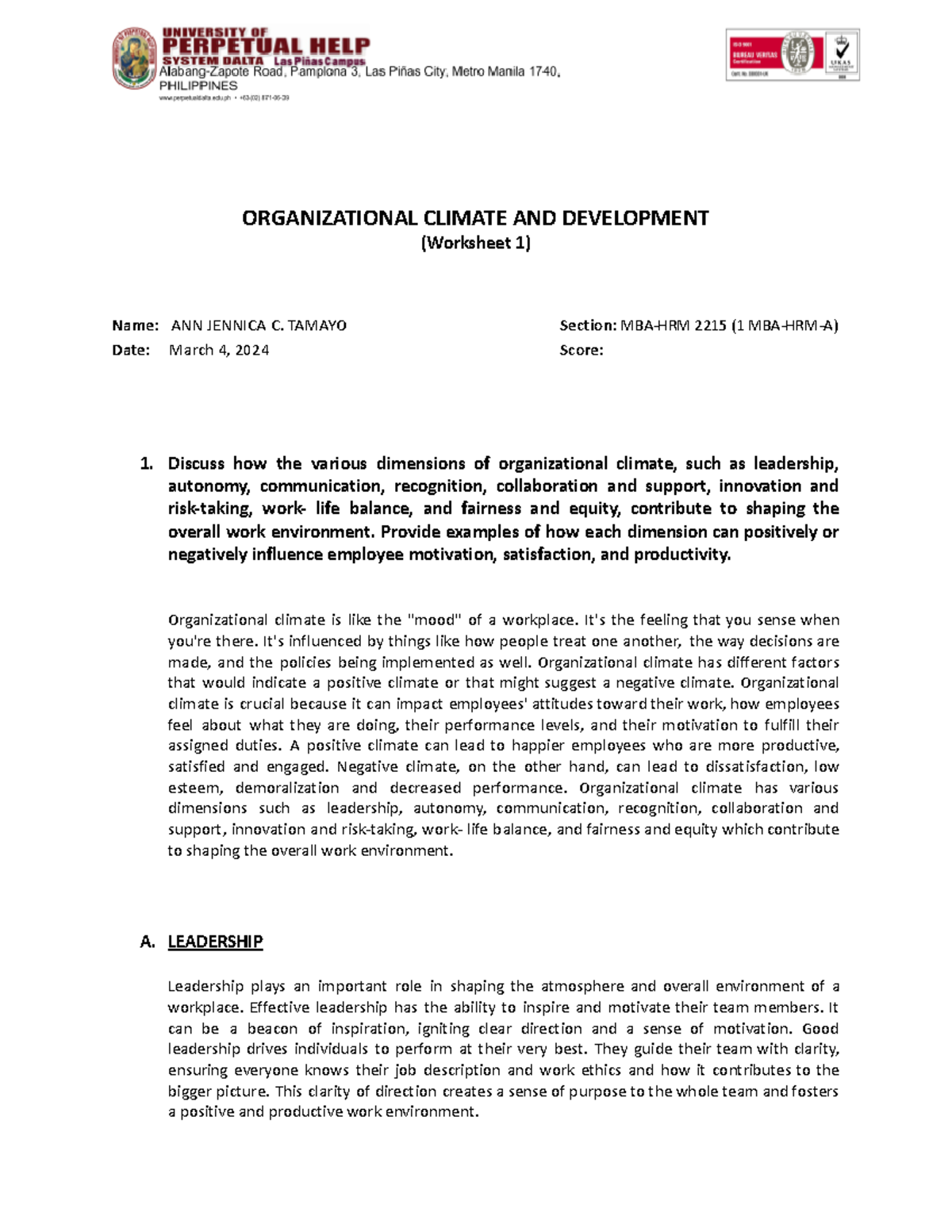 Organizational Climate AND Development - ORGANIZATIONAL CLIMATE AND ...