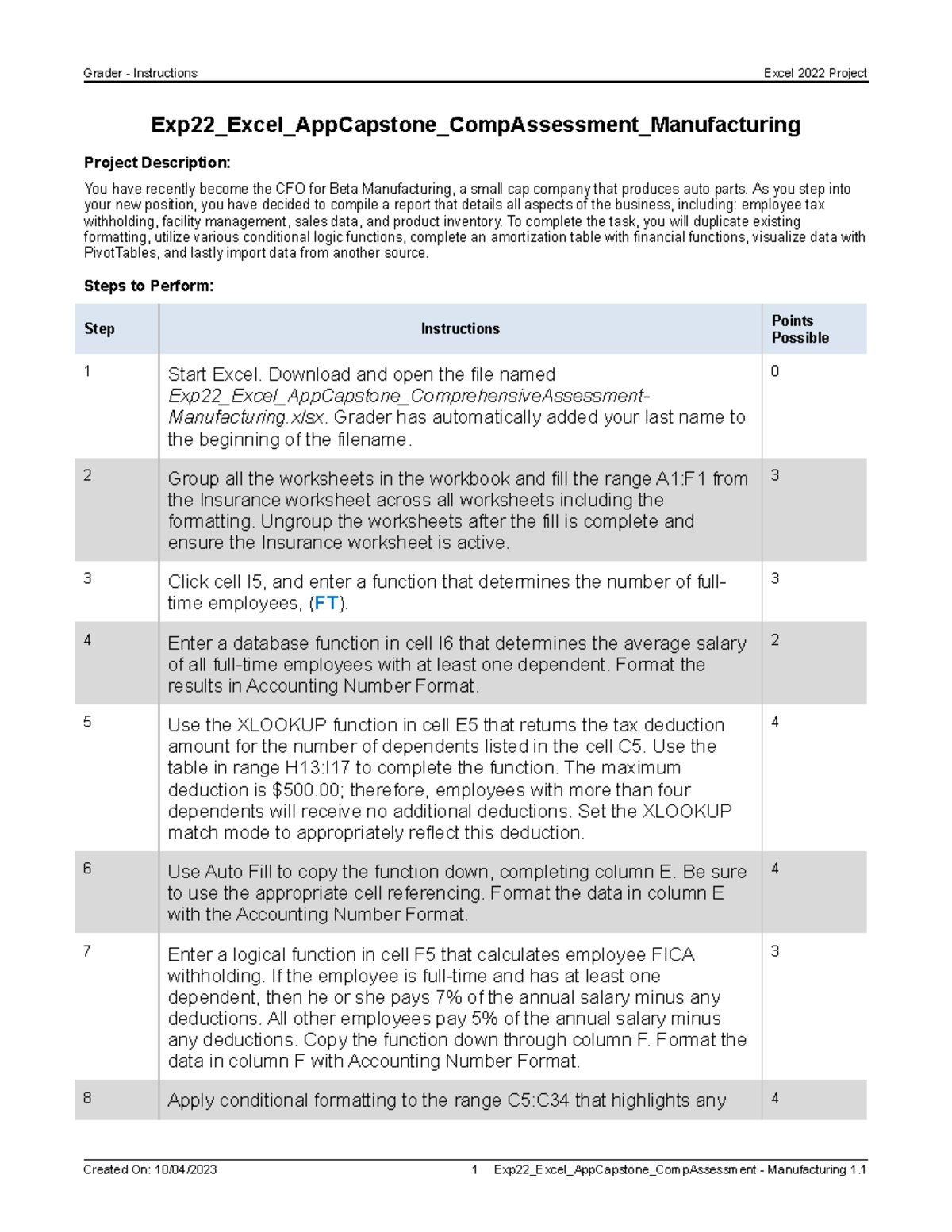 Exp22 Excel App Capstone Comp Assessment Manufacturing Instructions - - Studocu