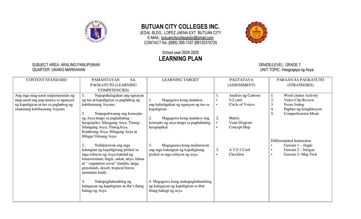 Grade 7 Learning PLAN ARAL PAN - BUTUAN CITY COLLEGES INC. JEDAL BLDG ...