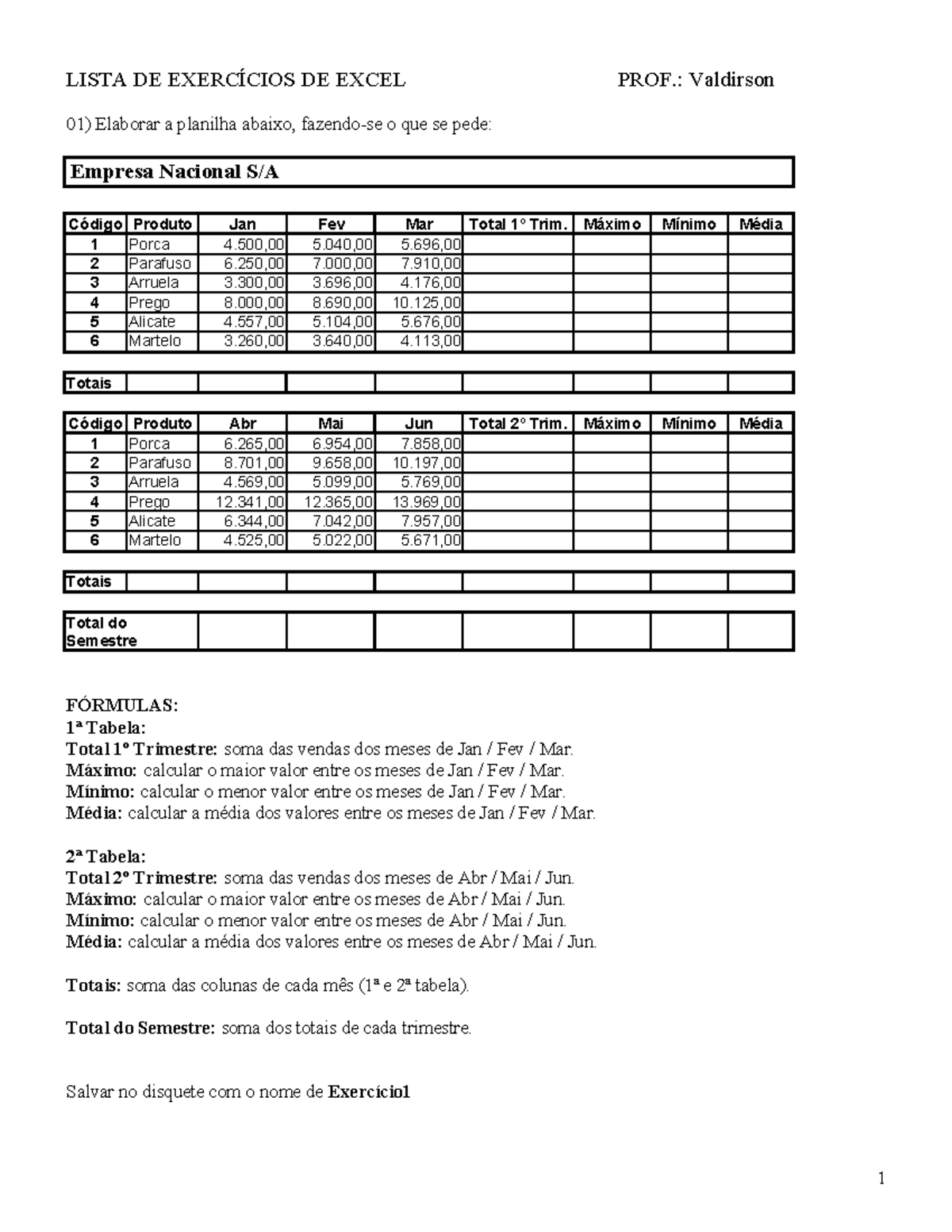Lista Excel - FAZ AI IRMAO - LISTA DE EXERCÍCIOS DE EXCEL PROF.: Valdirson 01) Elaborar a ...