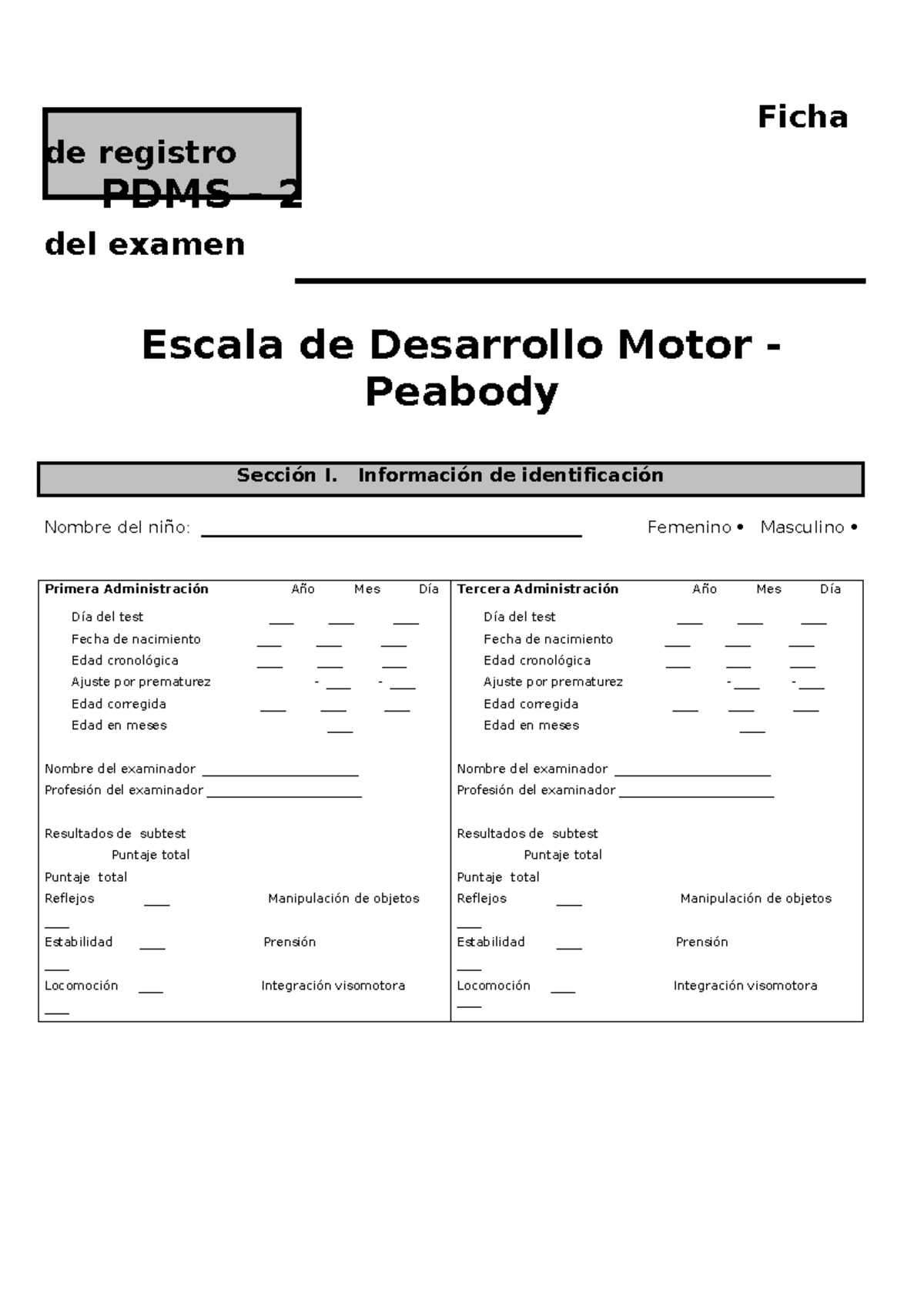 Peabody Completo - Ficha de registro PDMS - 2 del examen Escala de ...