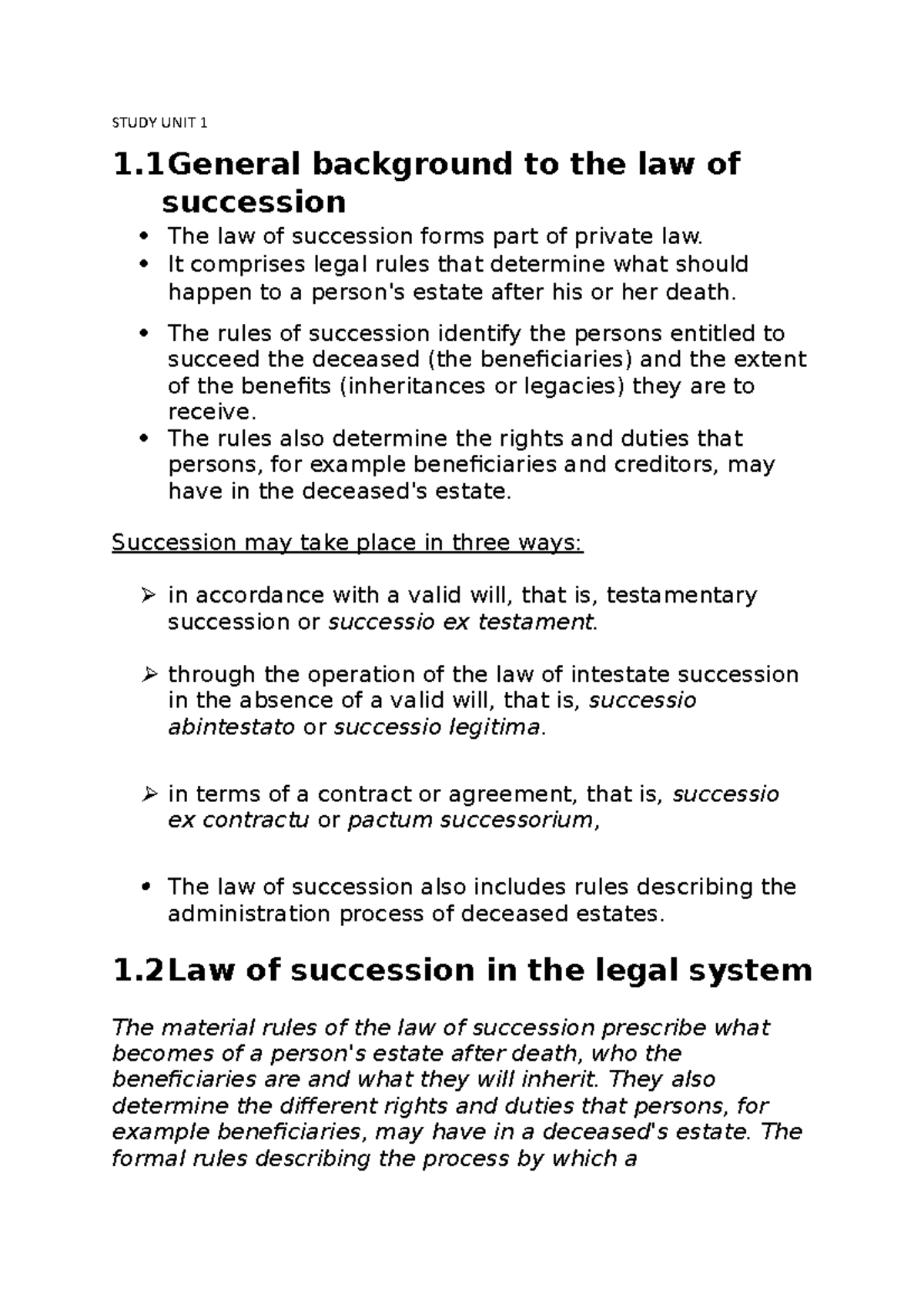 Study UNIT 1 - STUDY UNIT 1 1 background to the law of succession The ...