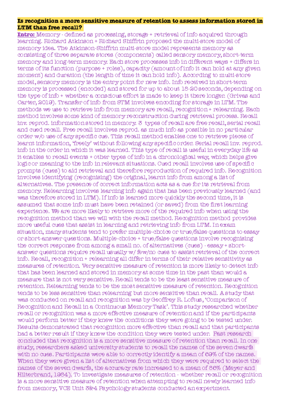 Psych ERA Unit 4 - Is recognition a more sensitive measure of retention ...