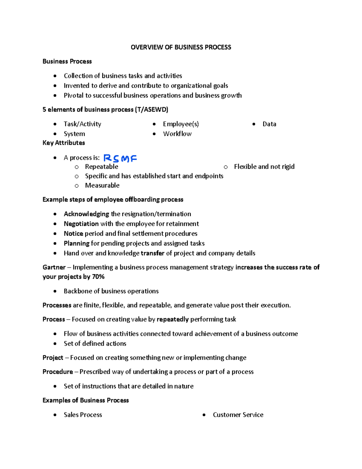 Reviewer BPE - Notes - OVERVIEW OF BUSINESS PROCESS Business Process ...